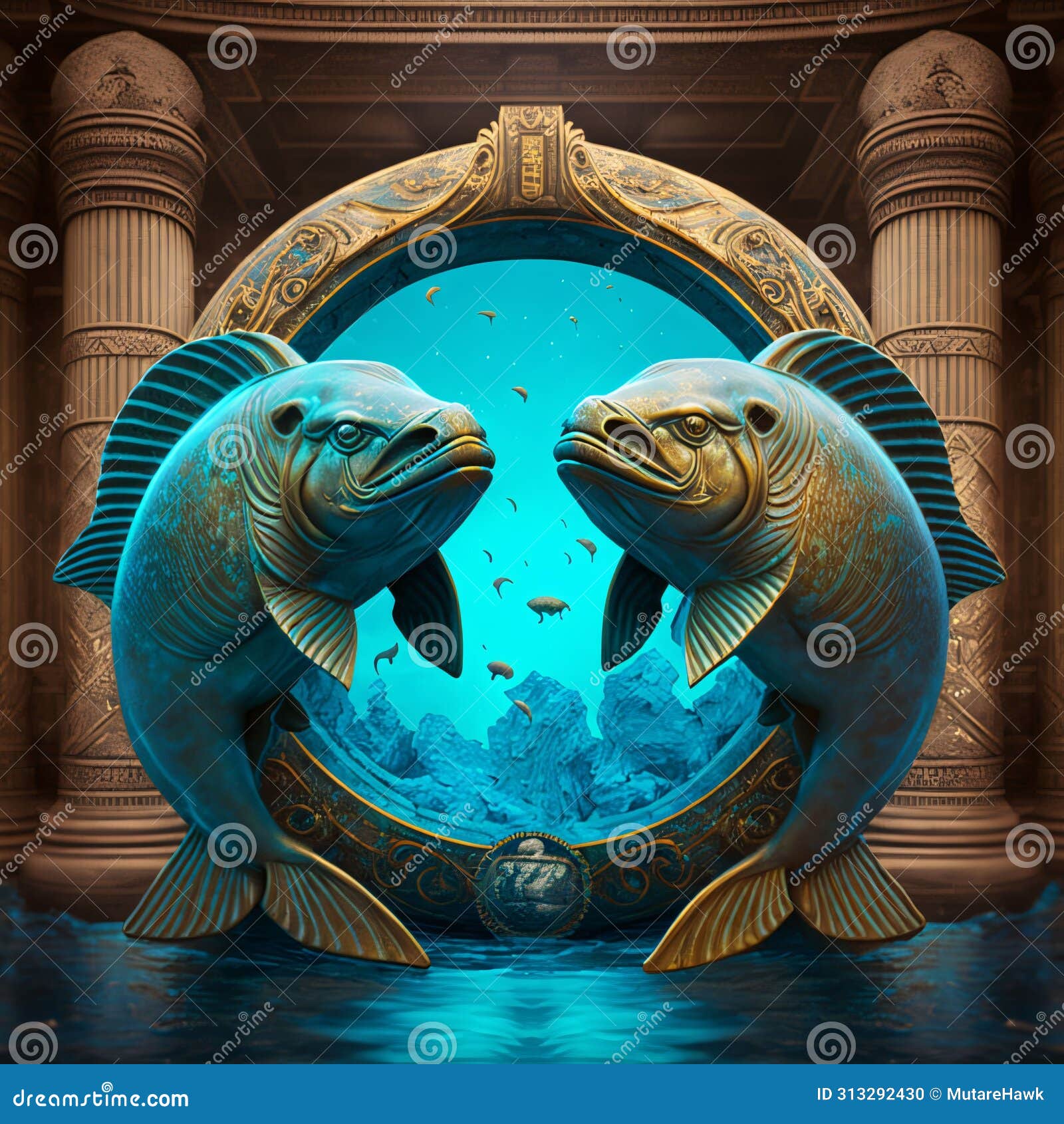 Two Fish in the Sea with Ancient Columns. 3D Rendering Stock ...
