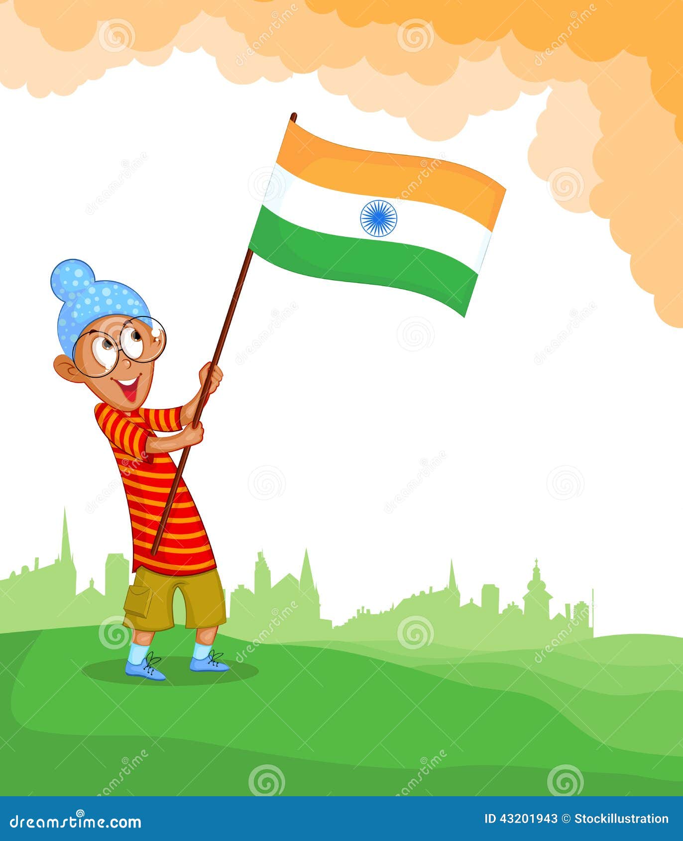 Sikh Boy Hoisting Indian Flag Cartoon Vector | CartoonDealer.com #43201943