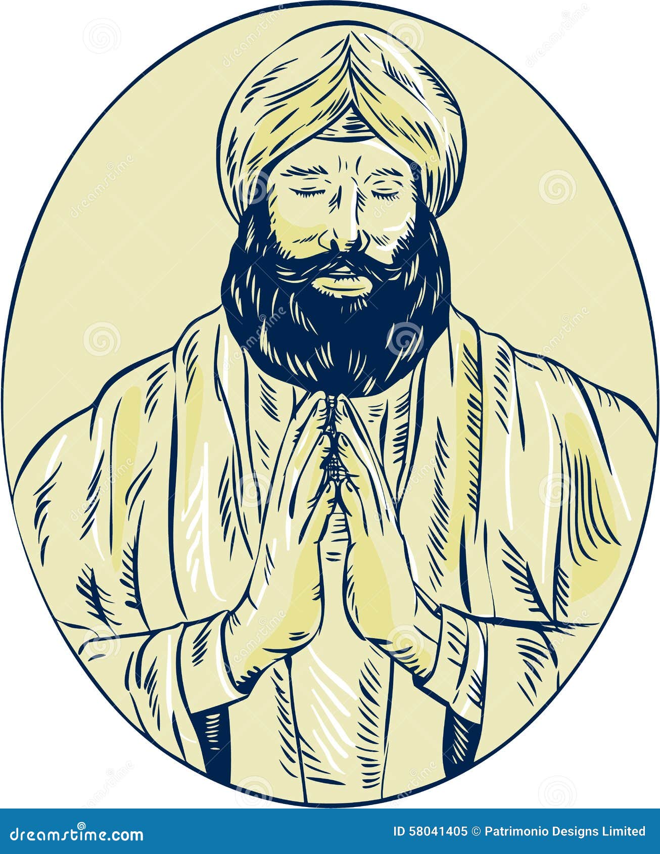 Sikh Priest Praying Front Oval Etching Stock Illustration ...