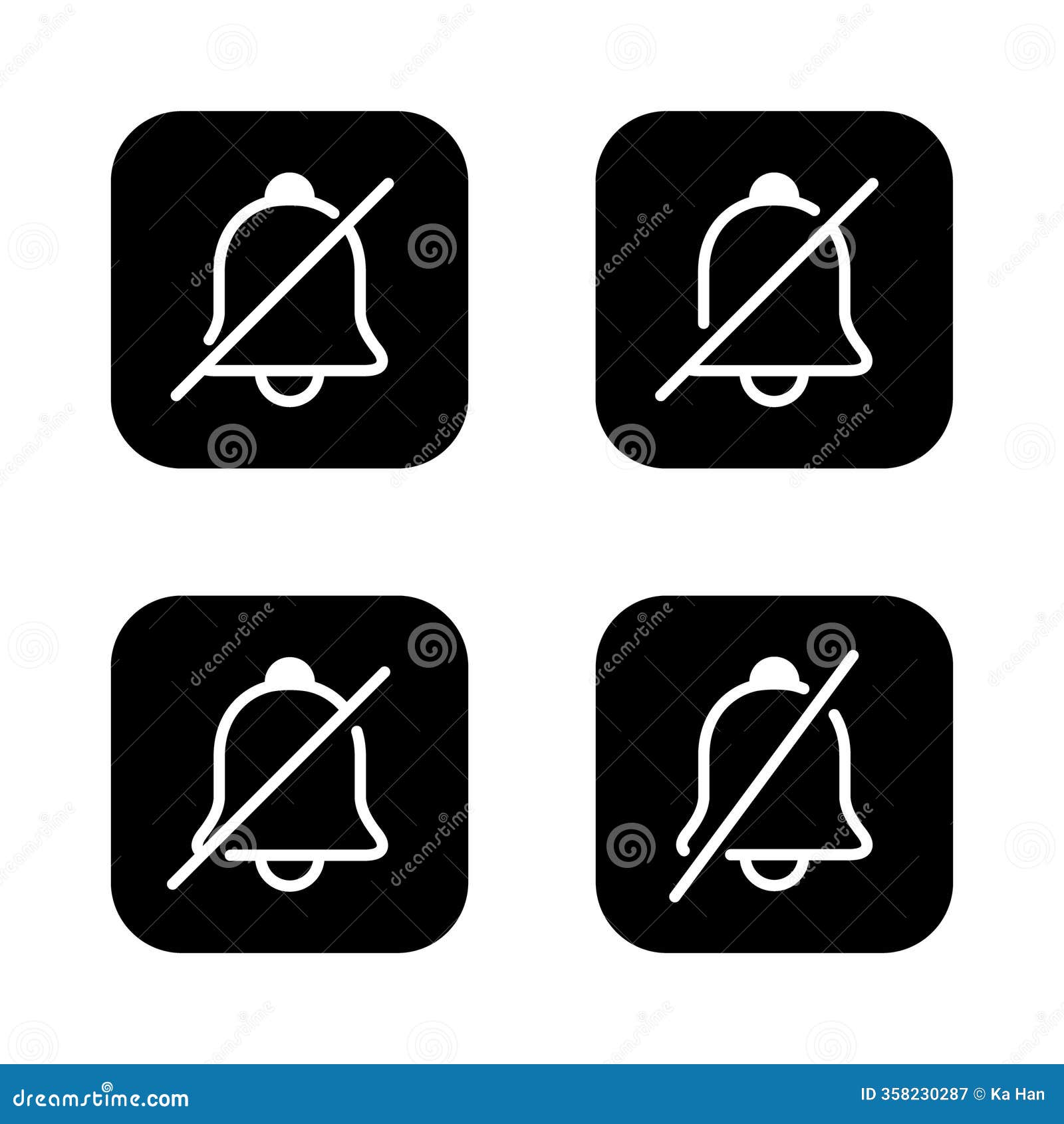 Silent Bell Icon Set on Black Square. Mute Notification Sign Symbol ...