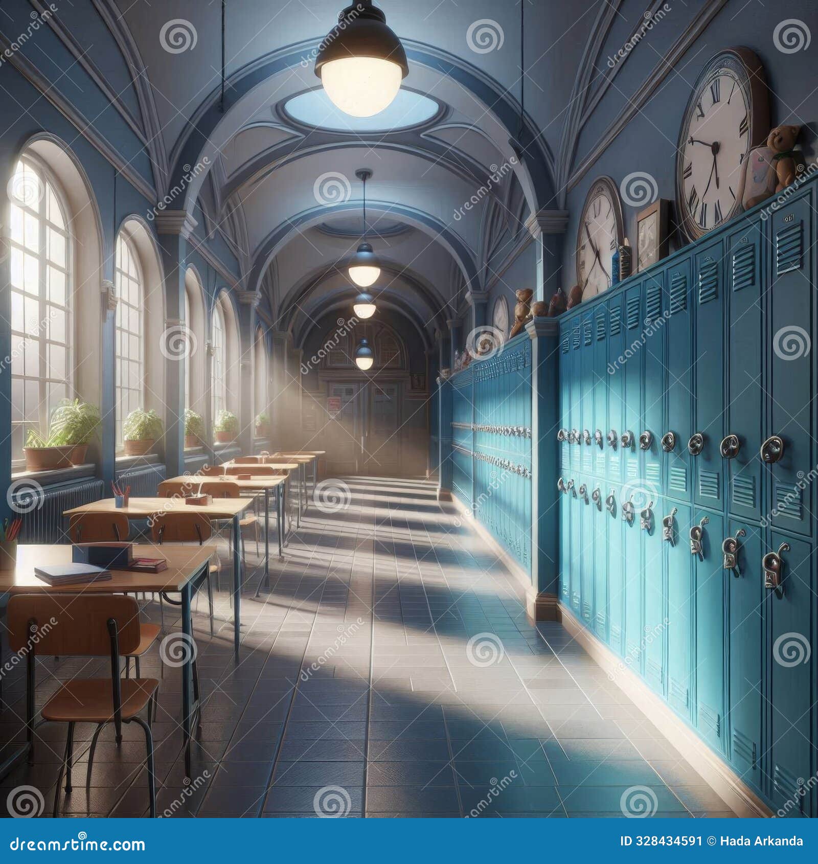 Silent School Hallway with Student Lockers Awaiting Students Stock ...