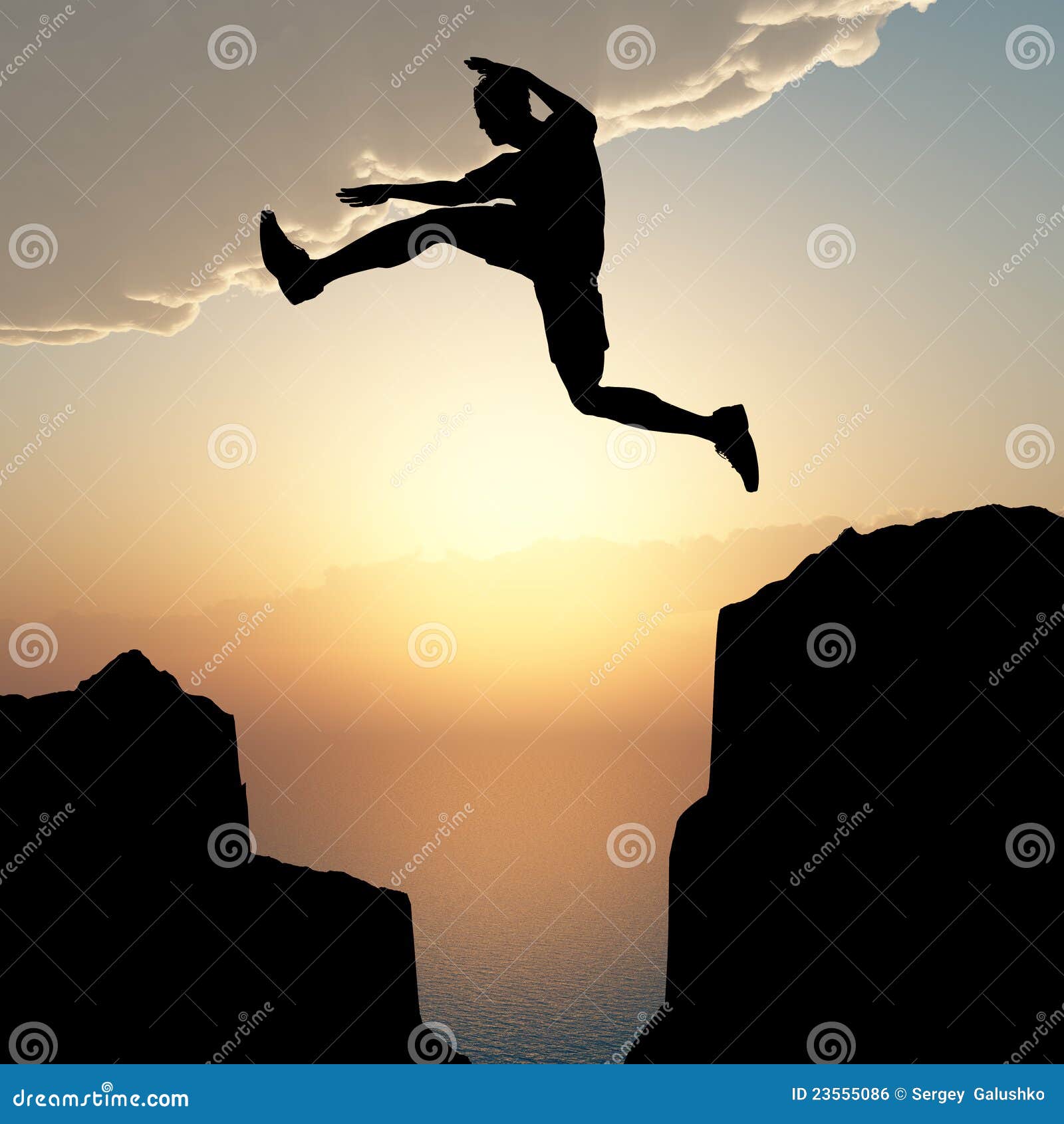 Silhouet Van De Springende Man Van Een Rots Stock Foto - Image of ...