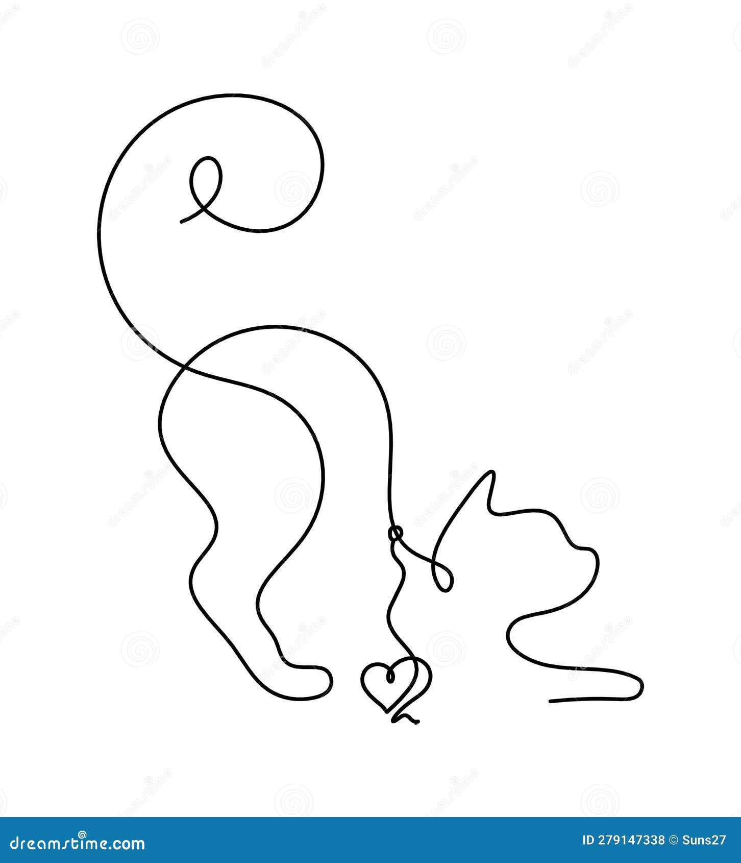 Silhouette of Abstract Cat with Heart in Line Drawing Stock ...