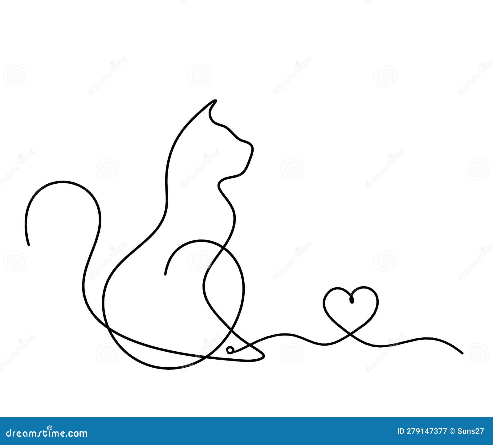 Silhouette of Abstract Cat with Heart in Line Drawing Stock ...