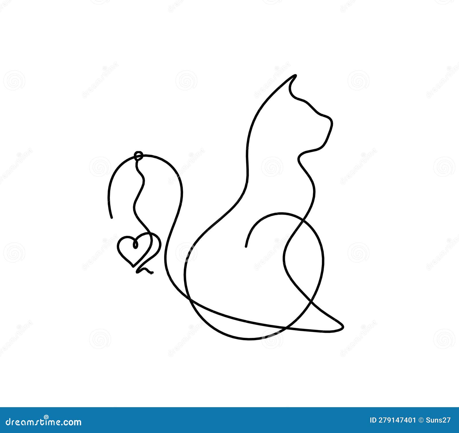 Silhouette of Abstract Cat with Heart in Line Drawing Stock ...