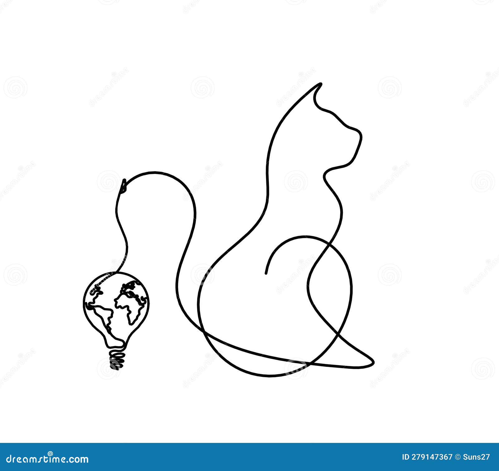 Silhouette of Abstract Cat with Light Bulb in Line Drawing Stock ...