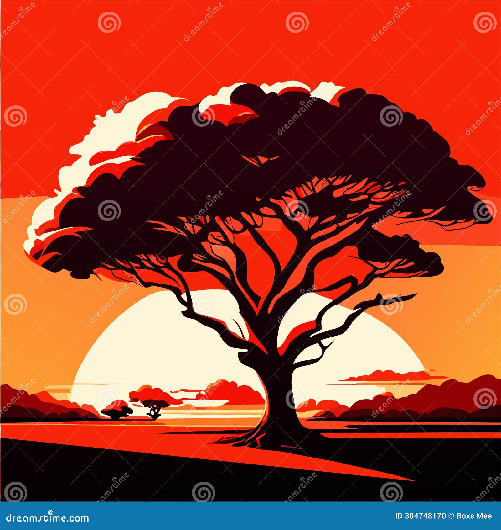 Silhouette of an Acacia Tree at Sunset. Vector Illustration Stock ...