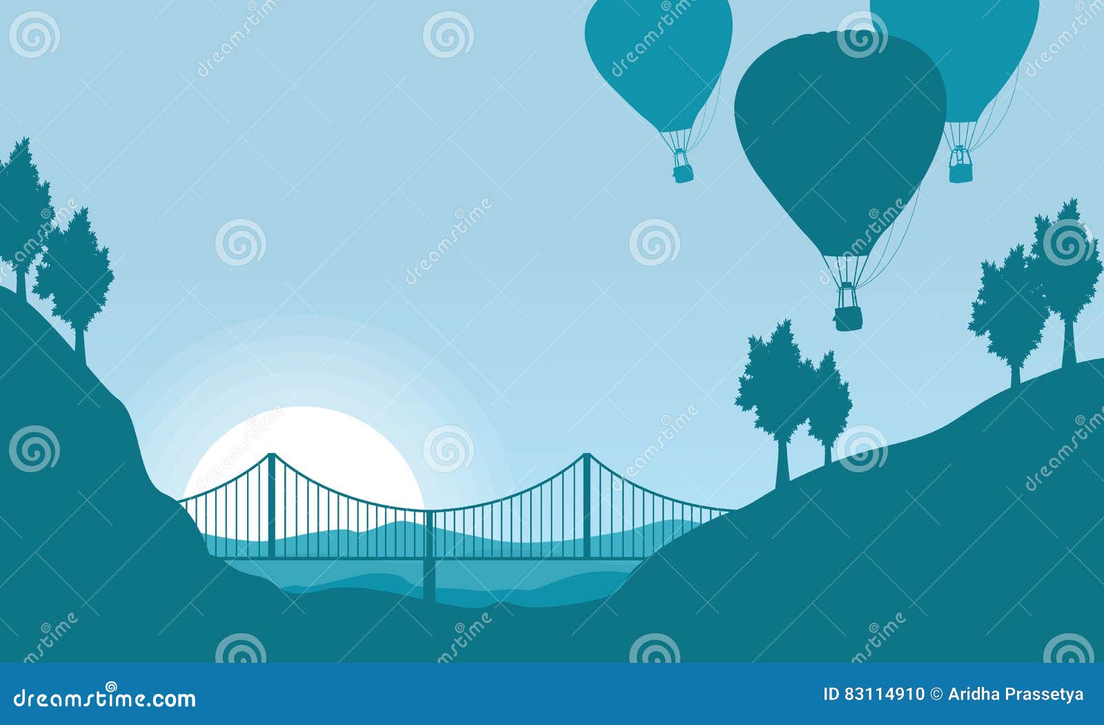 Silhouette of Air Balloon with Bridge Scenery Stock Vector ...