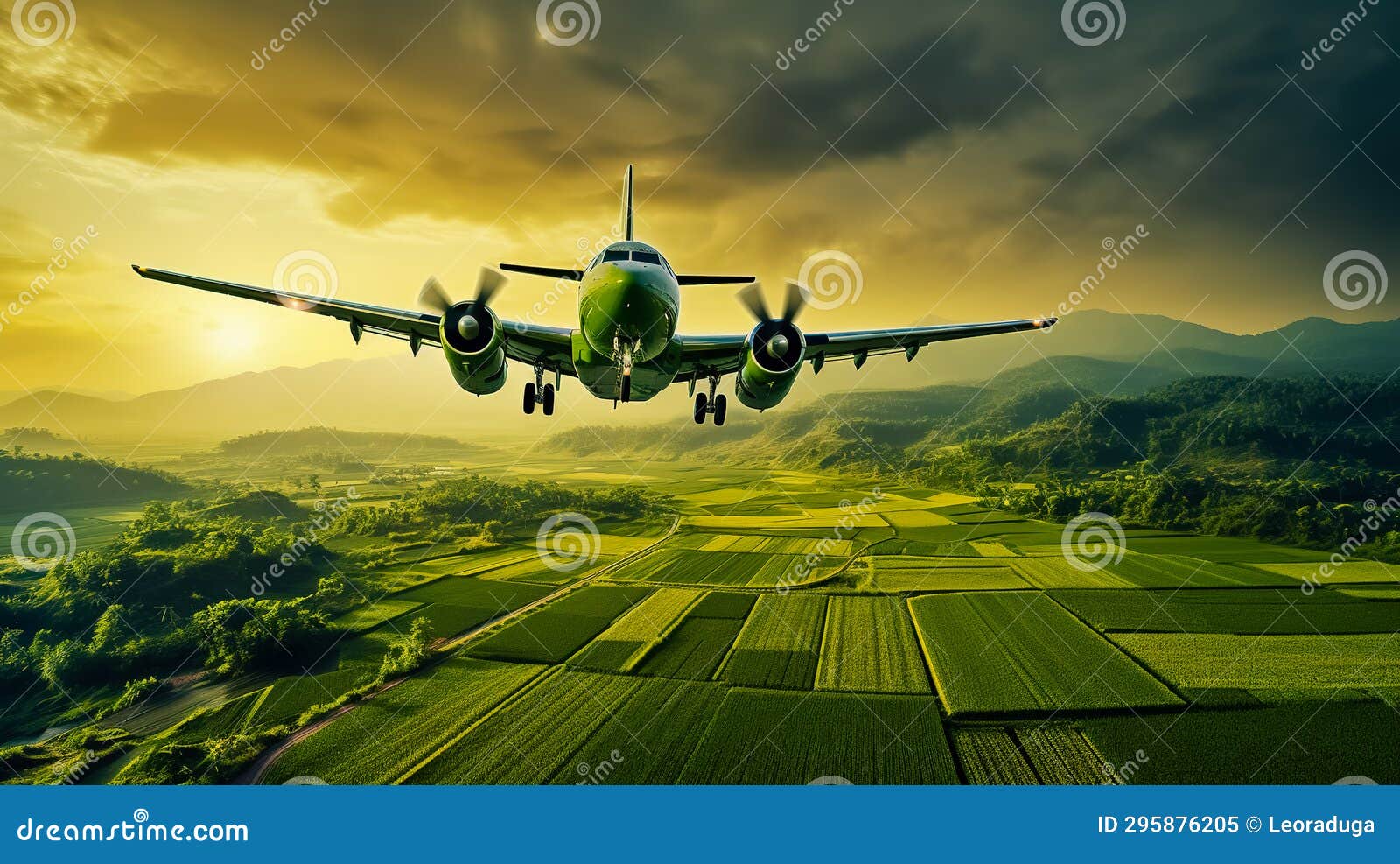Silhouette of an Airplane Flying Over Green Fields Stock Illustration ...