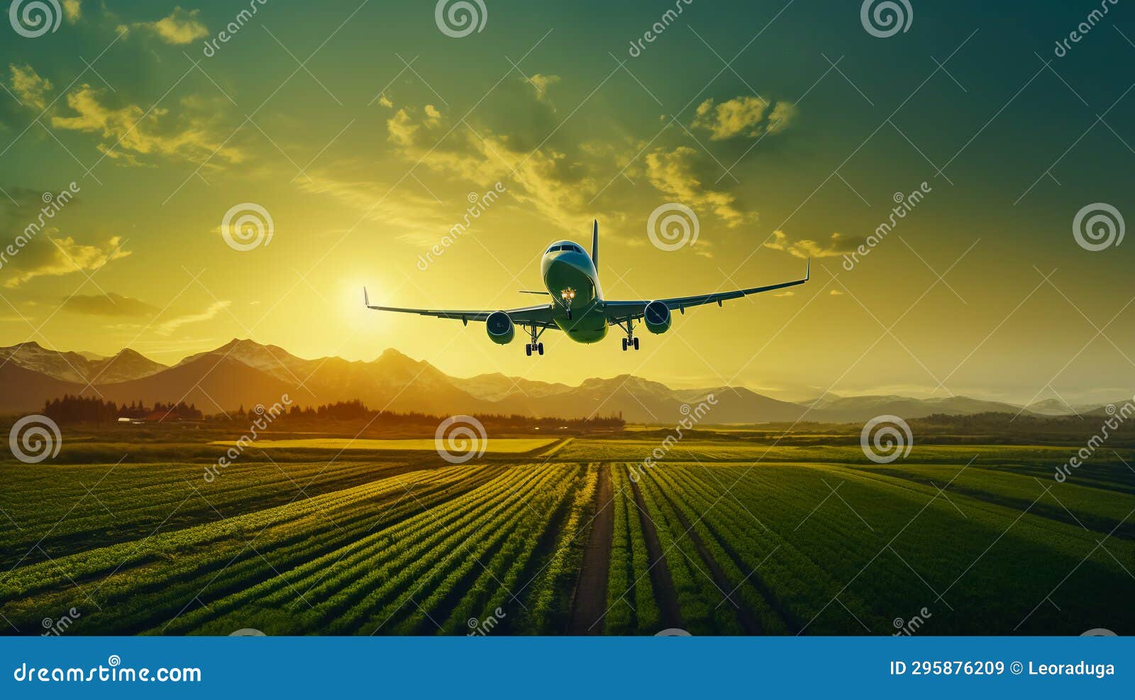 Silhouette of an Airplane Flying Over Green Fields Stock Illustration ...