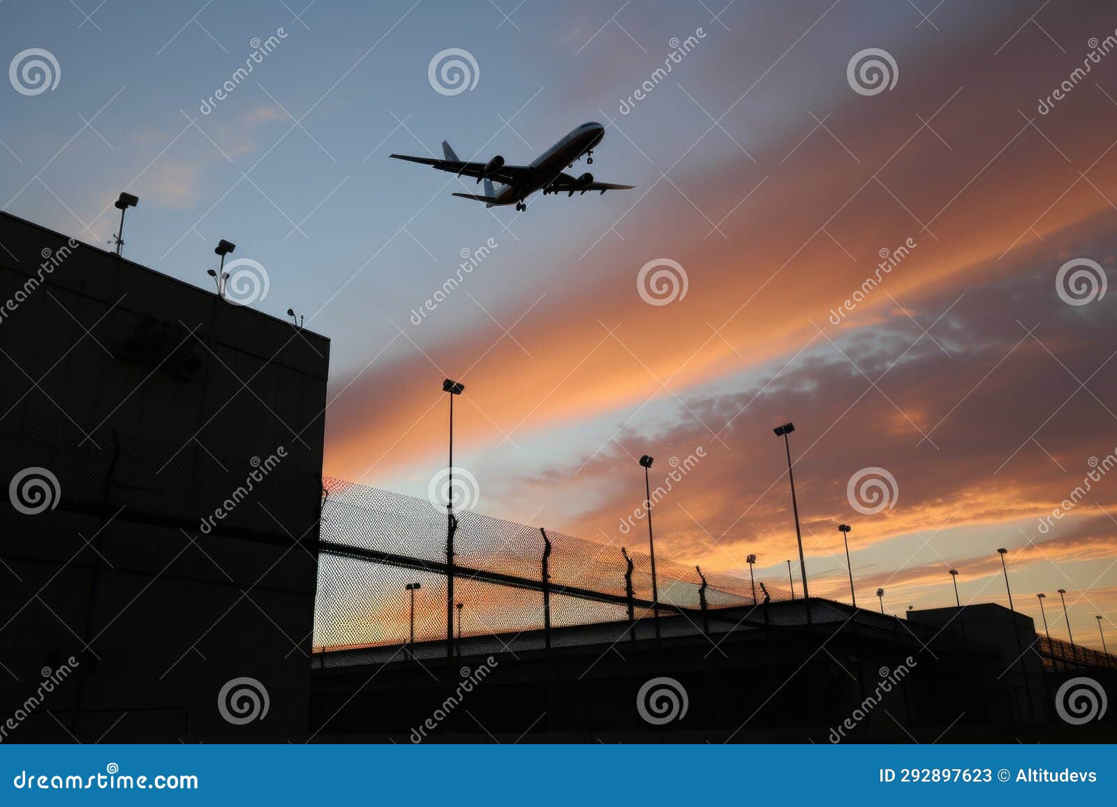 Silhouette of an Airplane Flying Over a Prison Stock Image - Image of ...