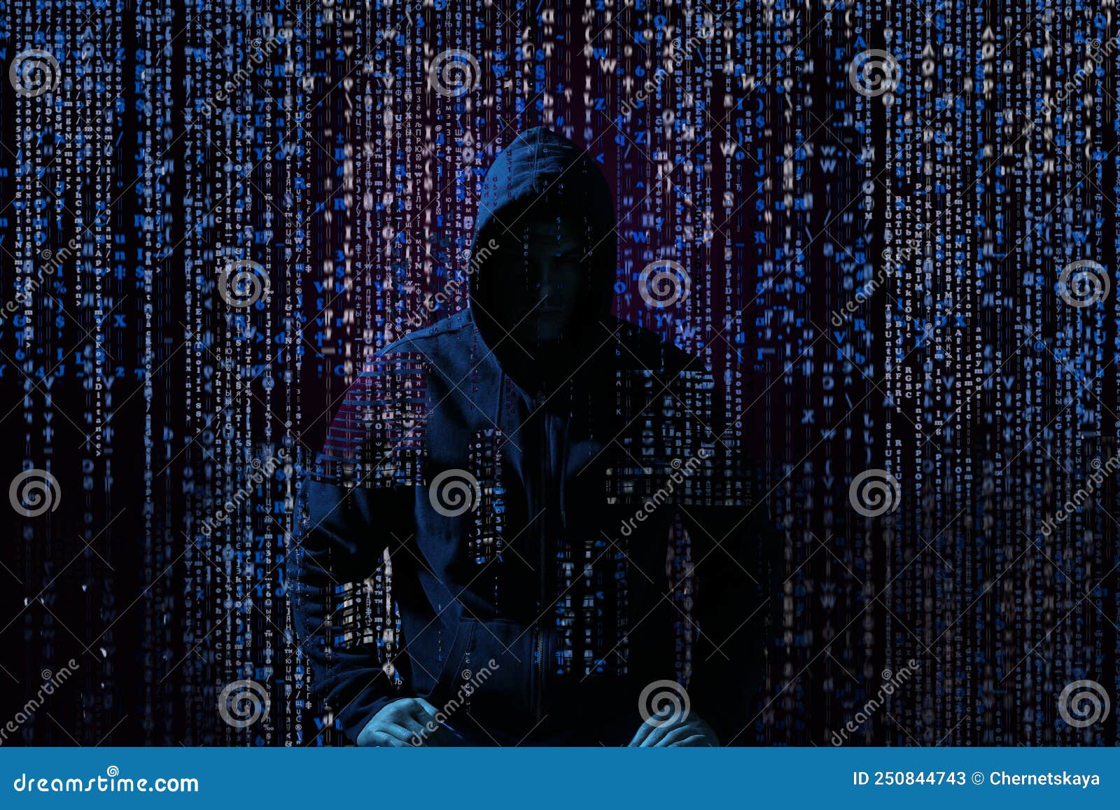 Silhouette of Anonymous Hacker and Digital Binary Code on Dark Background. Cyber Attack Concept ...