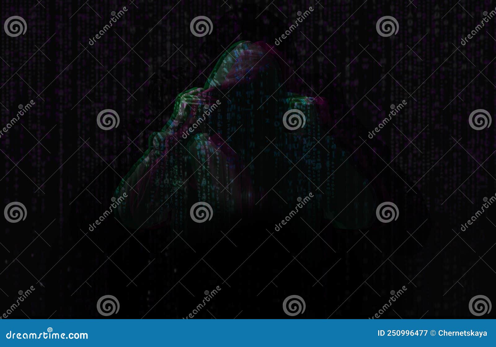 Silhouette of Anonymous Hacker and Digital Binary Code on Dark Background. Cyber Attack Concept ...