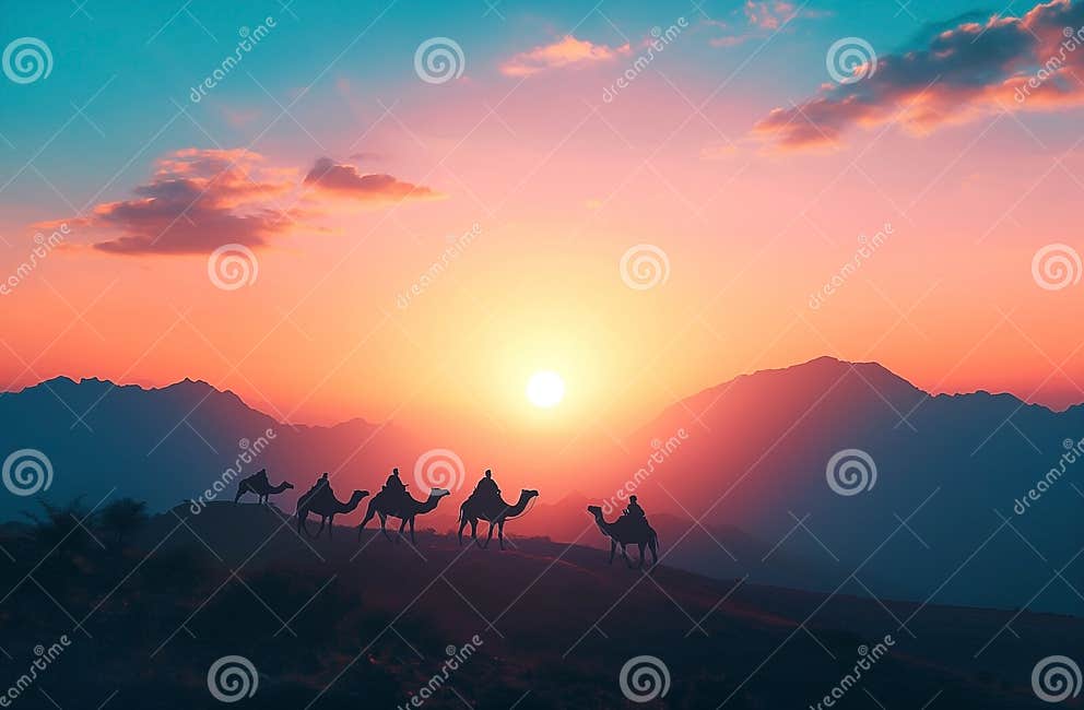 Silhouette of Arab with Camel at Sunrise Stock Illustration ...