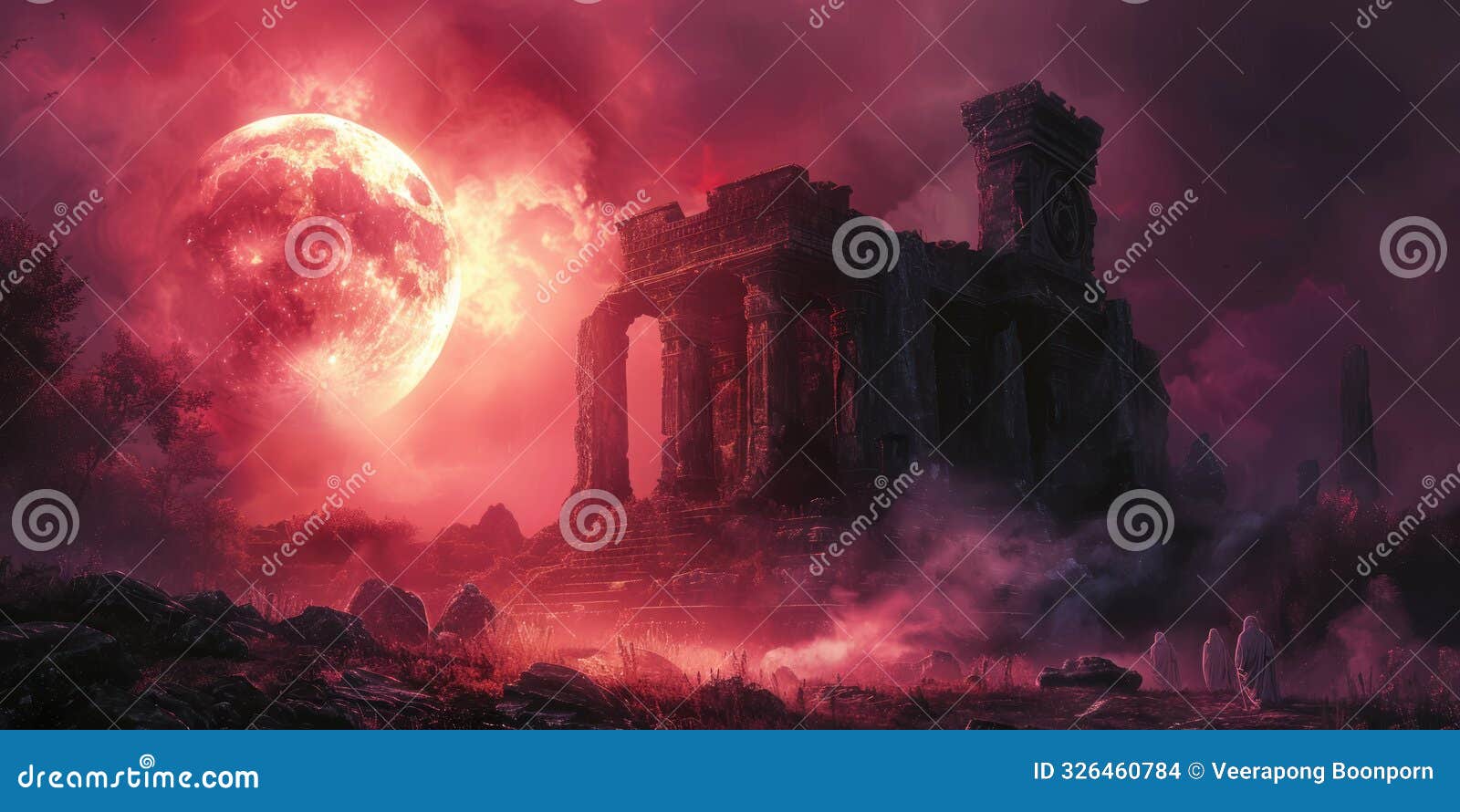 A Silhouette Of Baphomet Cast Upon The Ruins Of A Temple By The Light ...