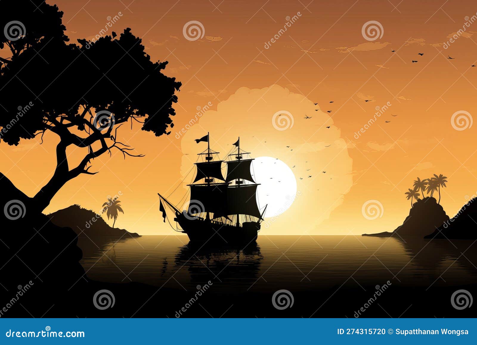 The Silhouette of a Barque on the River Stock Illustration ...