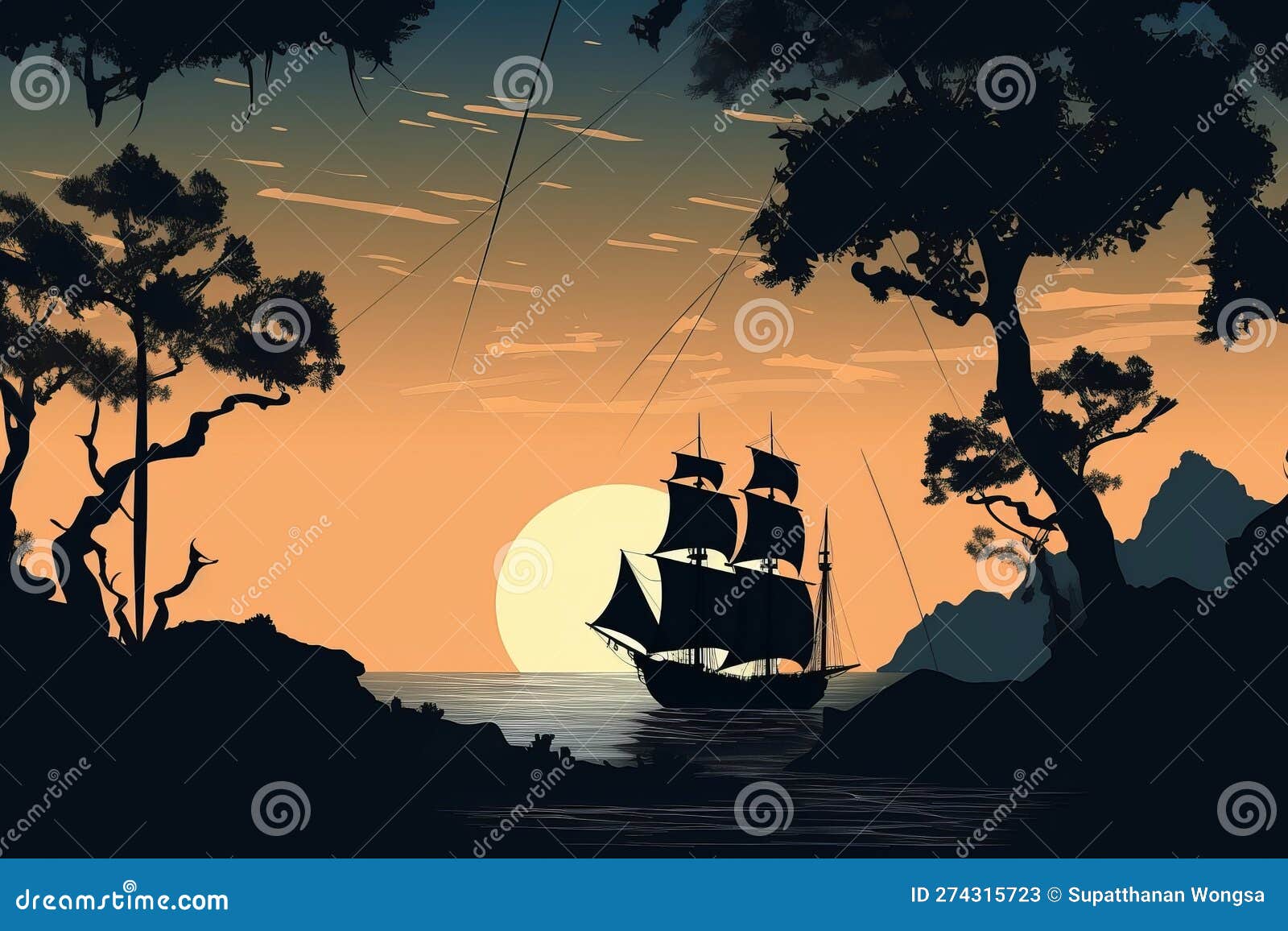 The Silhouette of a Barque on the River Stock Illustration ...