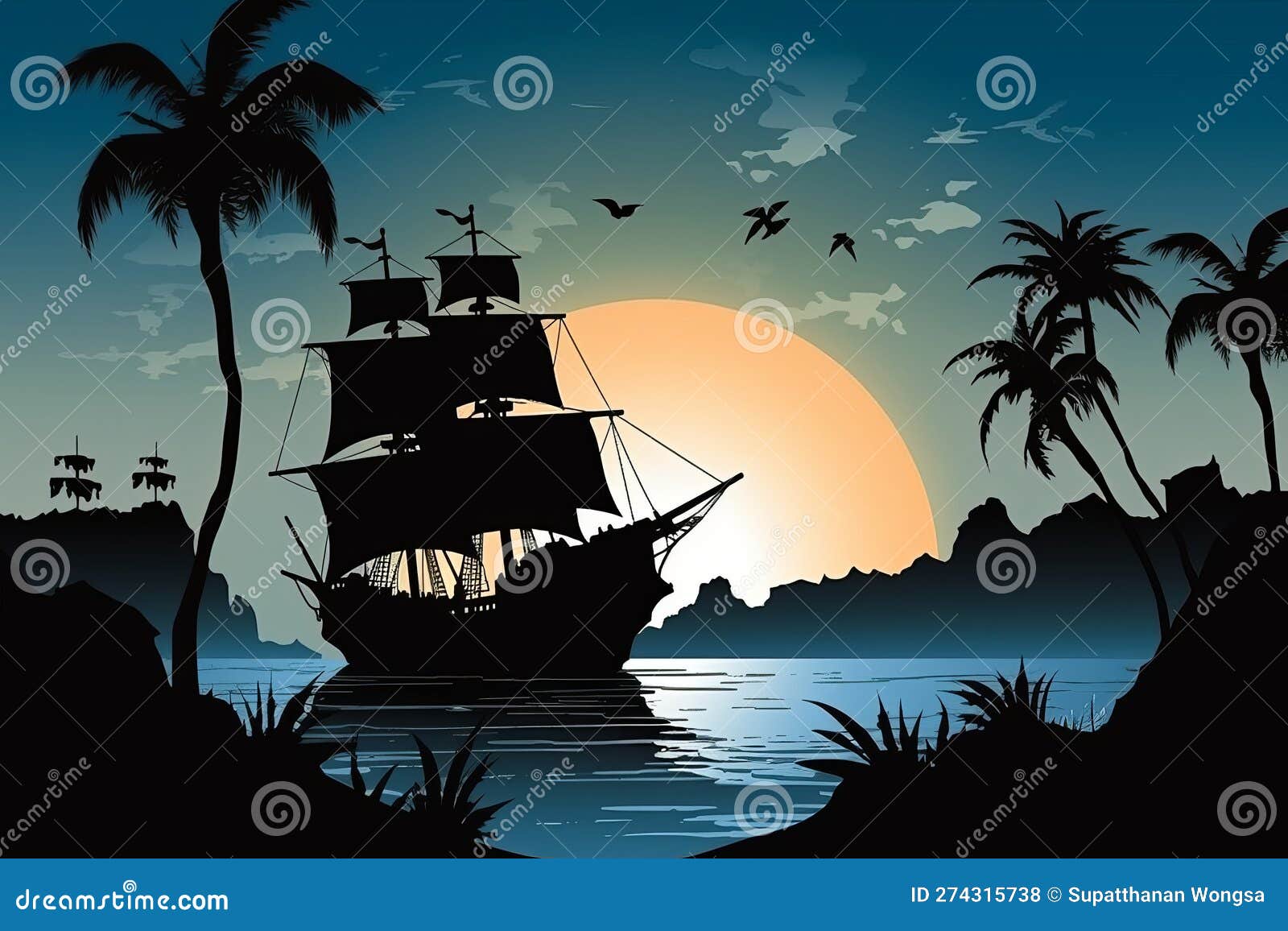 The Silhouette of a Barque on the River Stock Illustration ...