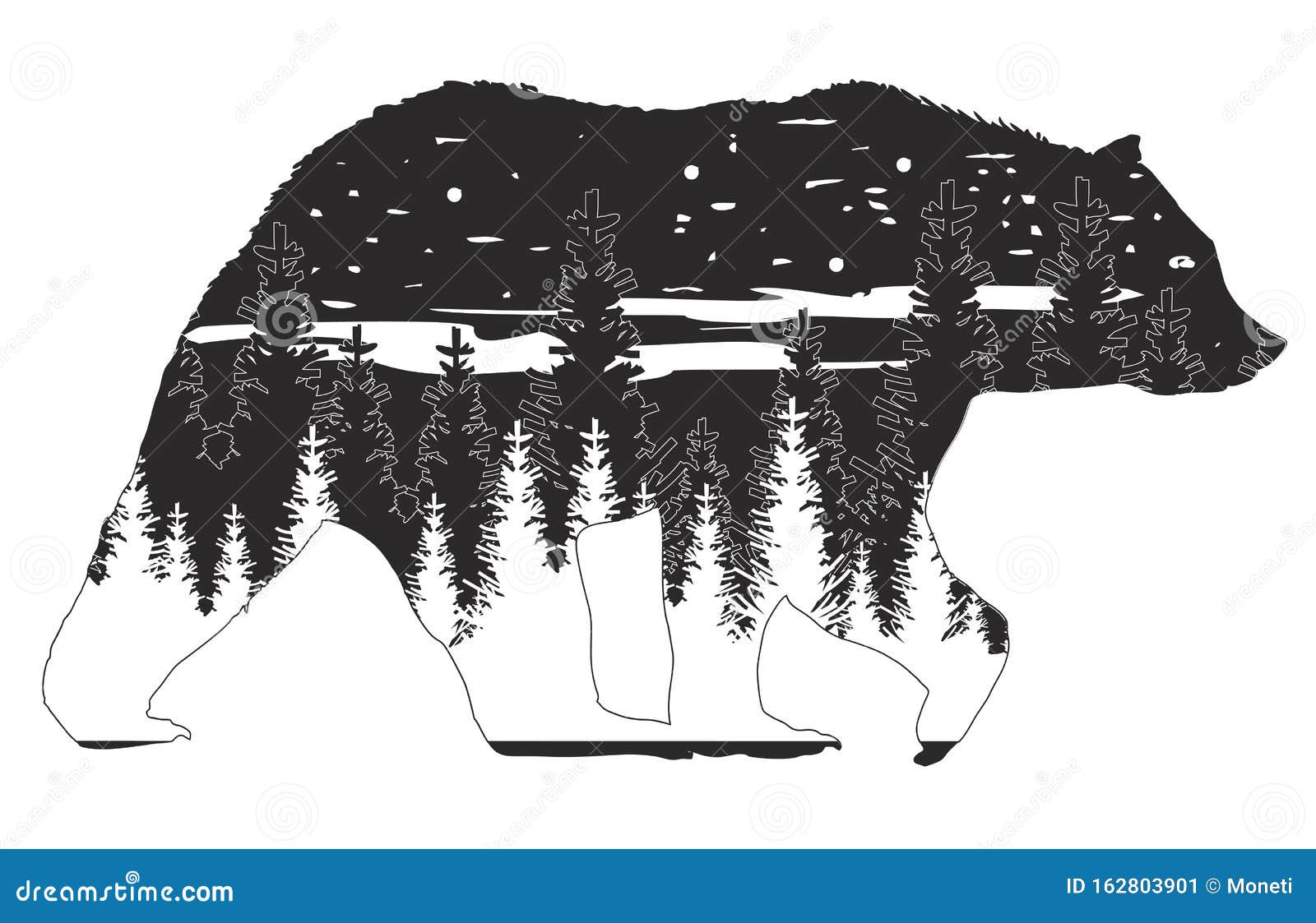 Silhouette of a Bear. Inside a Pine Forest with a Mountains, Road and ...