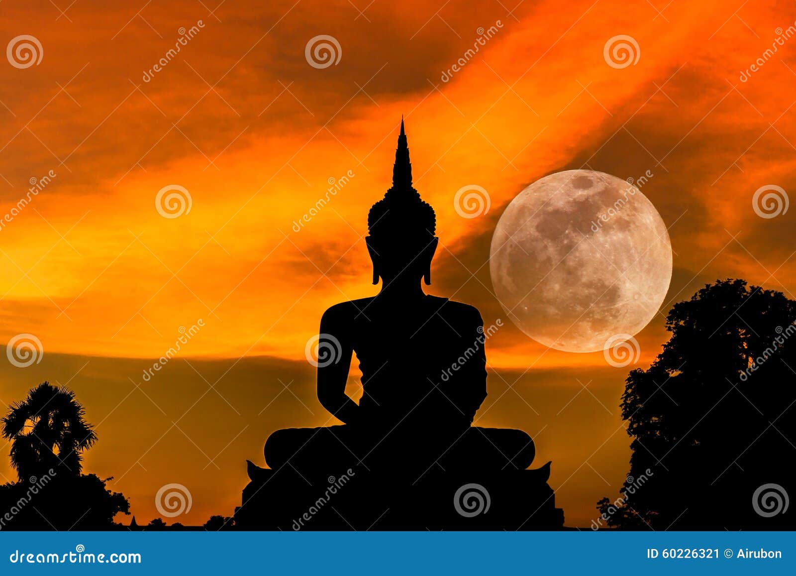 Silhouette Big Buddha Statue on Sunset with Full Moon Background Stock ...