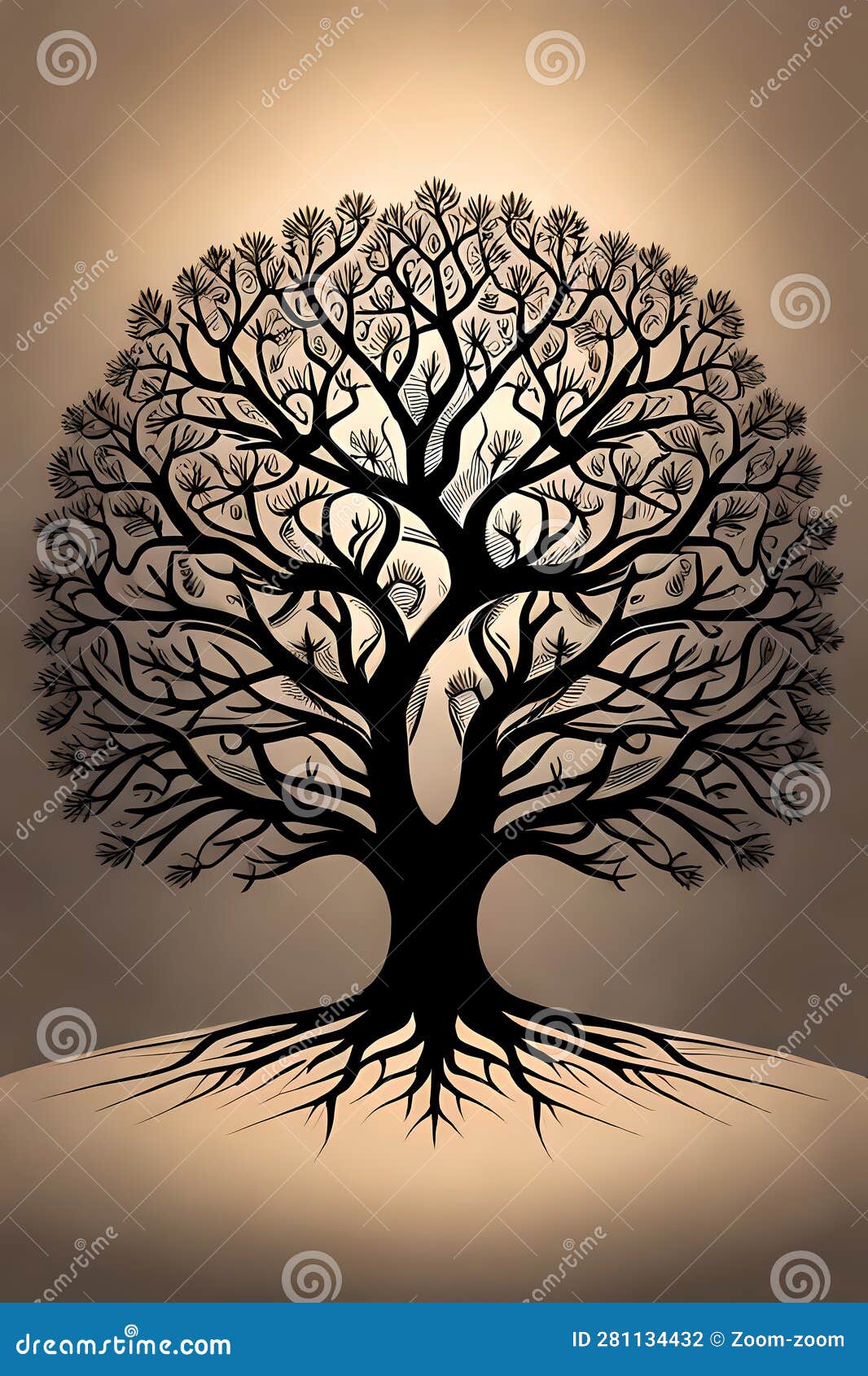 Silhouette of Big Tree with Branches and Roots Stock Illustration ...