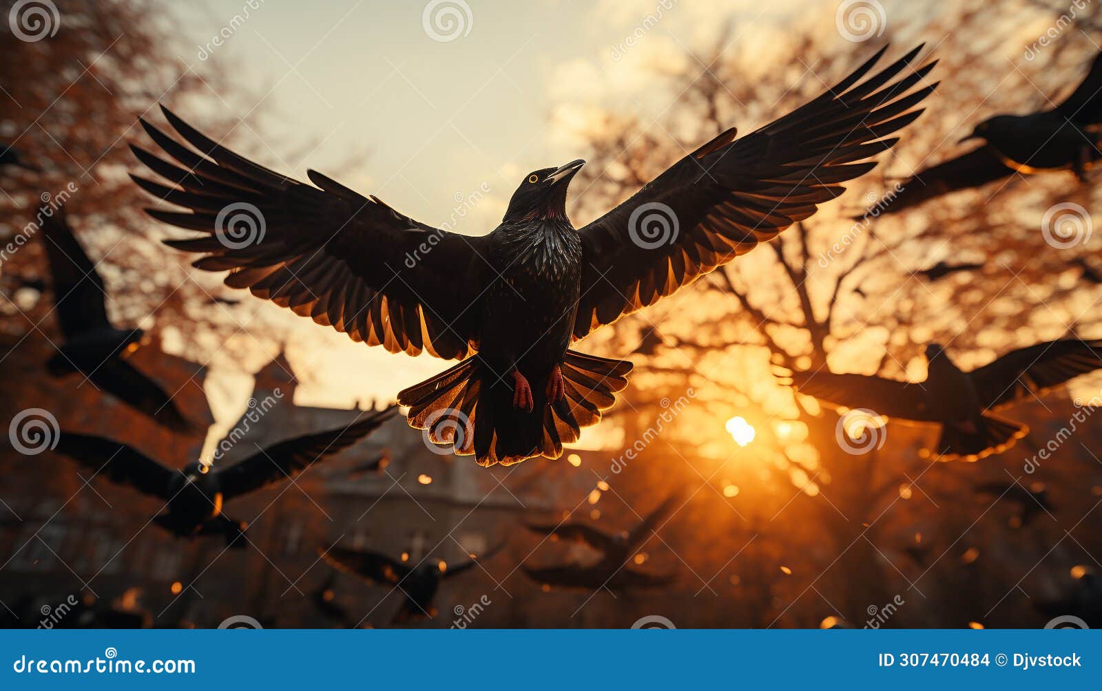 Silhouette of Bird in Flight, Backlit by Sunset Golden Sunlight ...