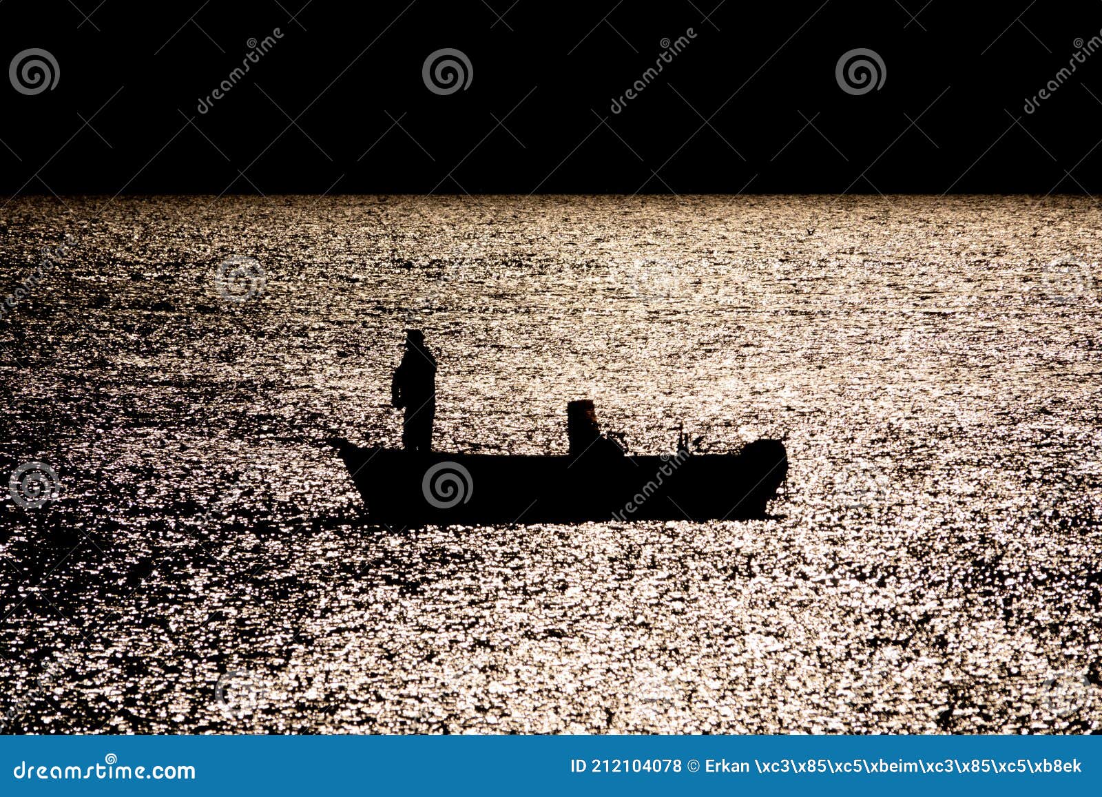 Silhouette of Boat Fishing in the Sea in Moonlight Reflection Reverse ...