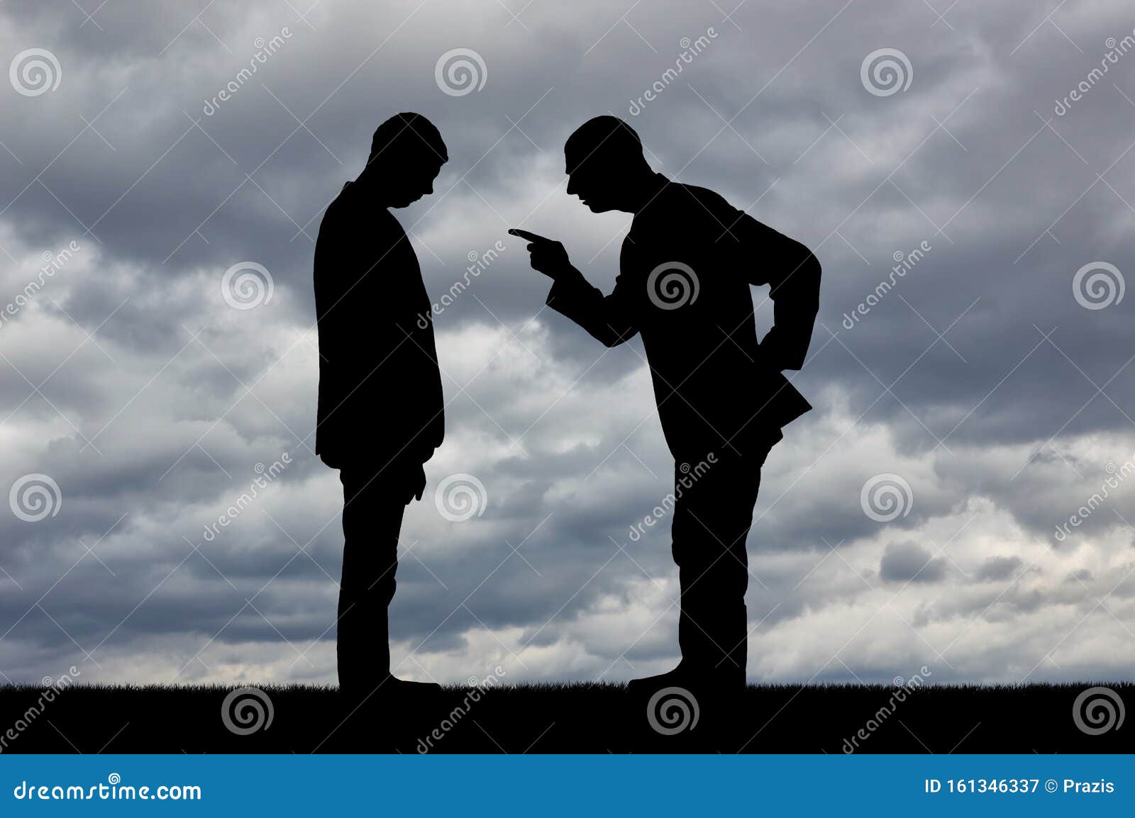 Silhouette Of A Boss Yelling At A Man Employee With His Head Bowed