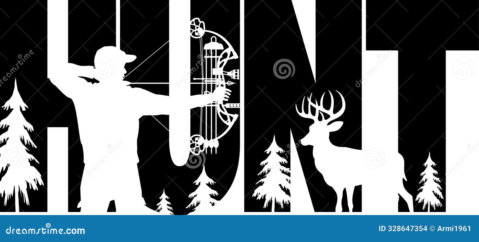 Silhouette of a Bowhunter Aiming Compound Bow and Whitetail Buck Stock ...