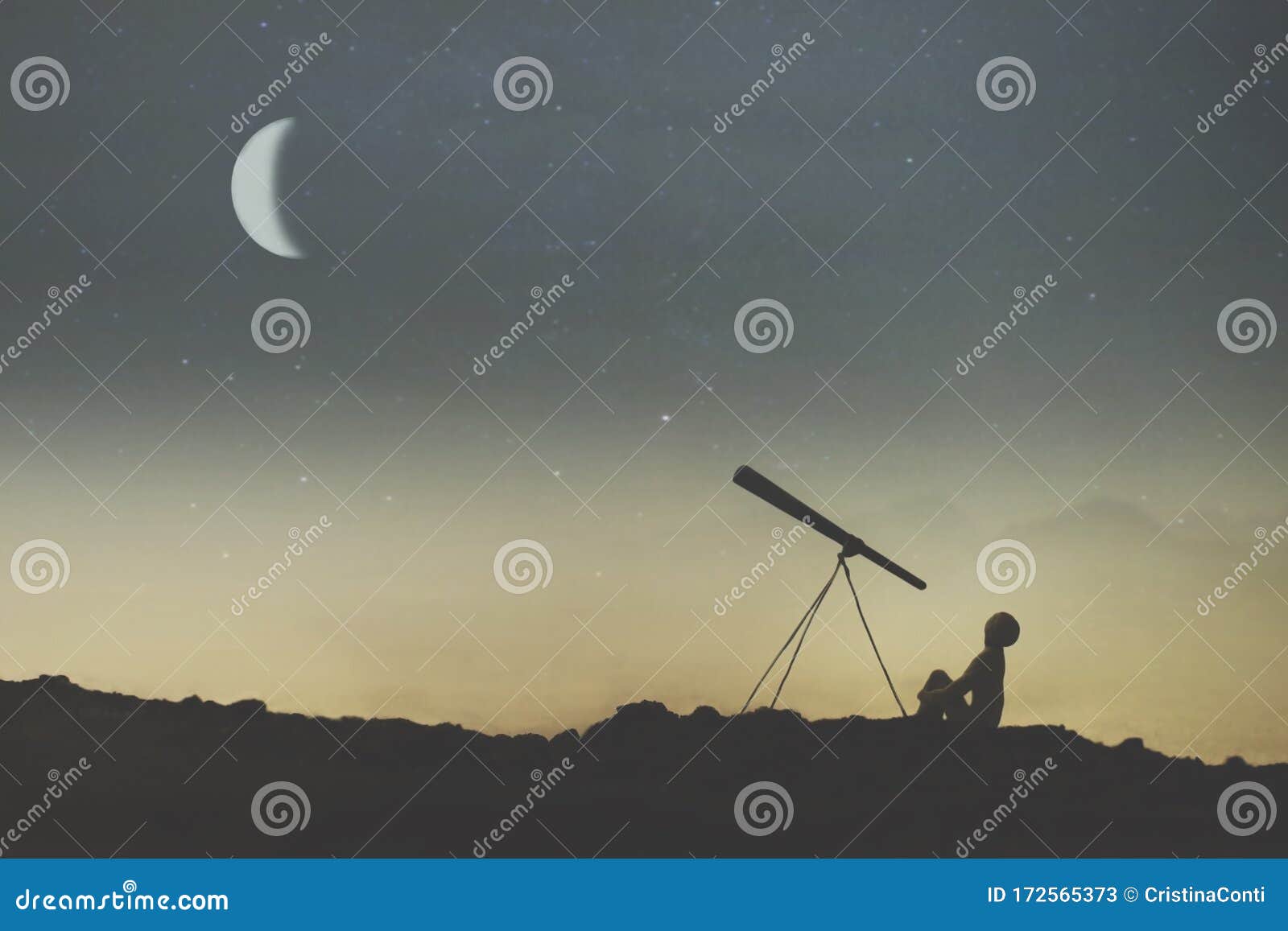 Silhouette of a Boy Observing the Sky on a Starry Night with His ...