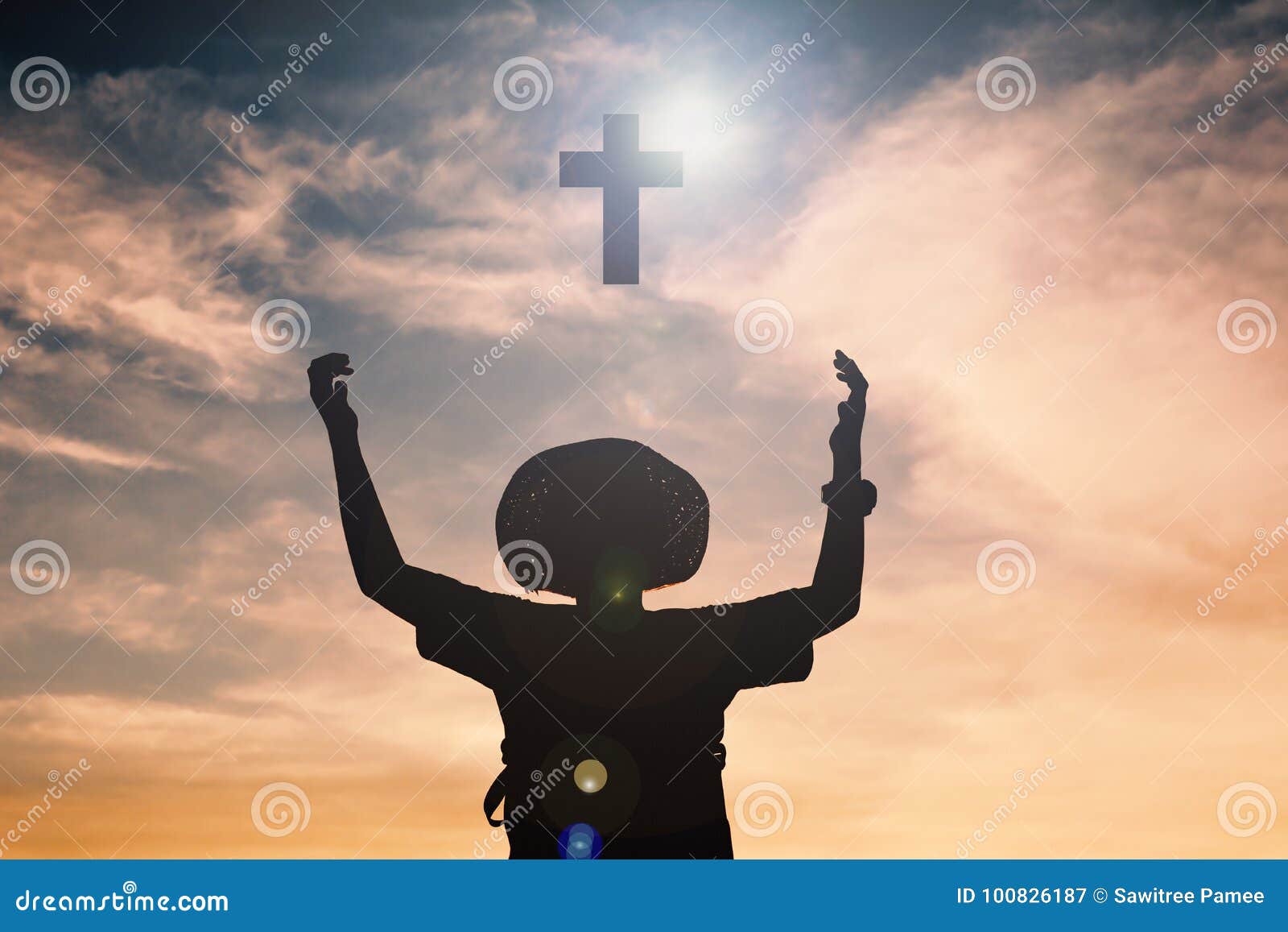 Silhouette of Boy Open Hands and Cross Stock Image - Image of hands ...