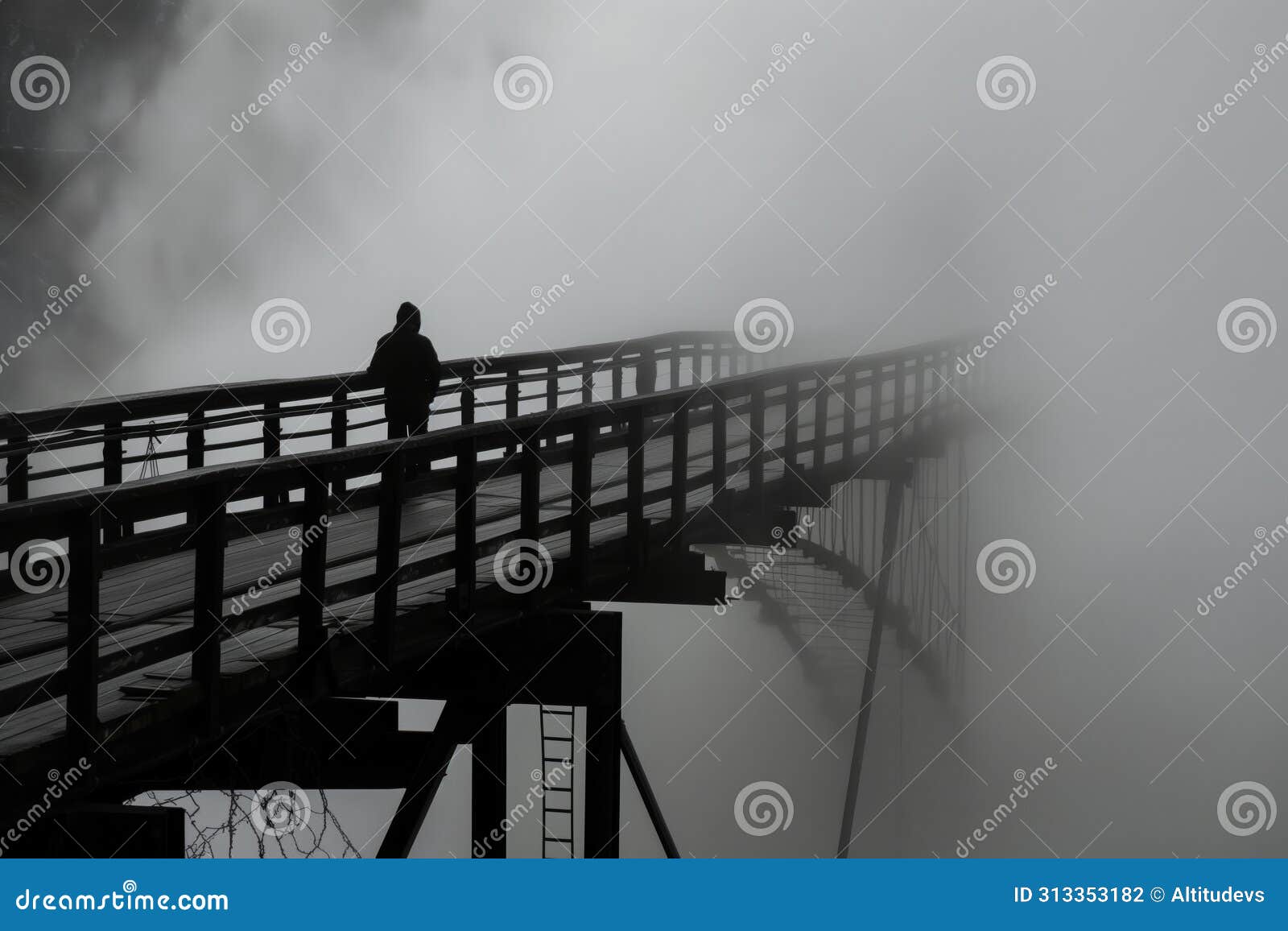 Silhouette on Bridge with Dense Fog Backdrop Stock Photo - Image of ...