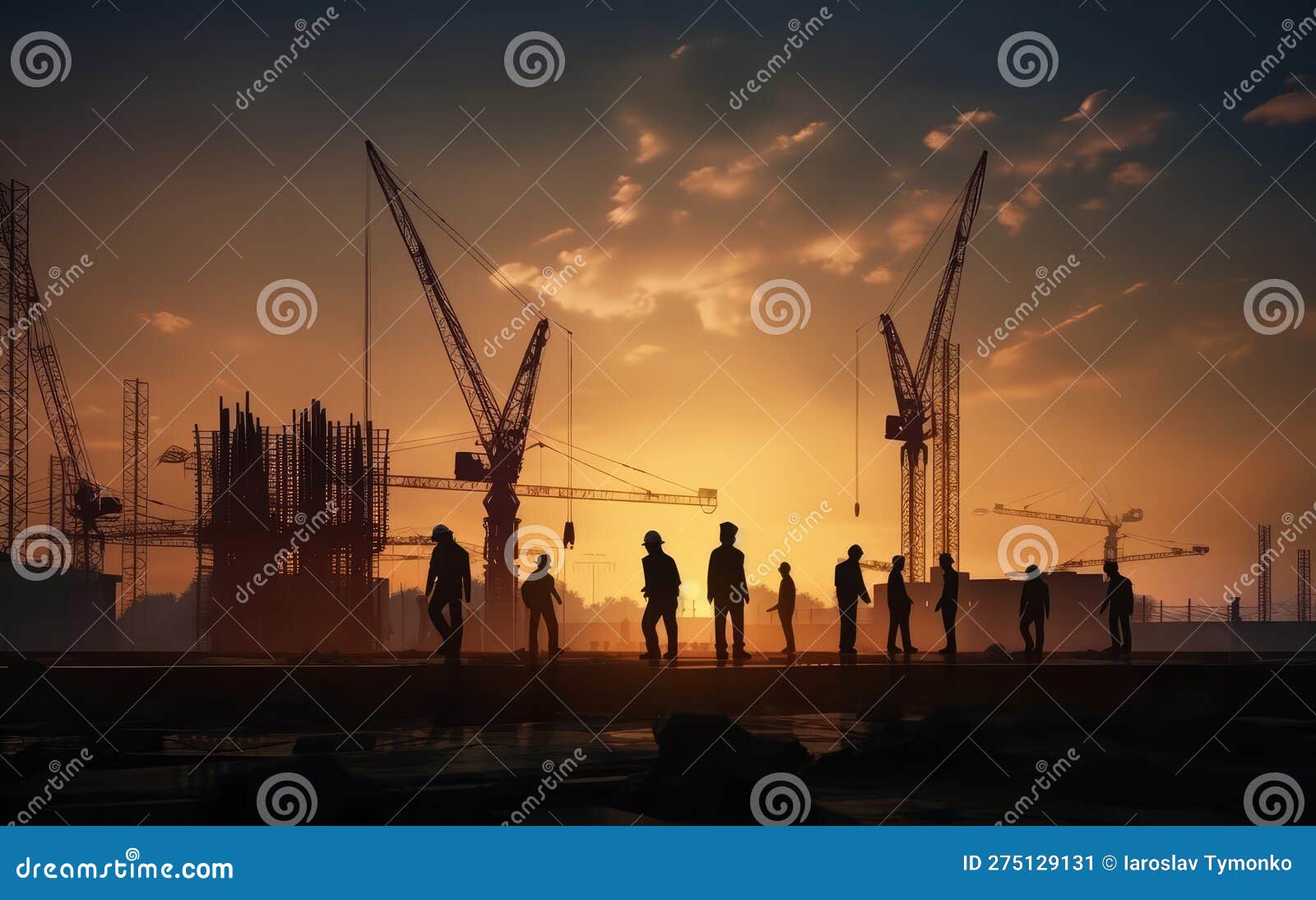 Silhouette of Builders at a Construction Site at Sunset, Engineers Work ...