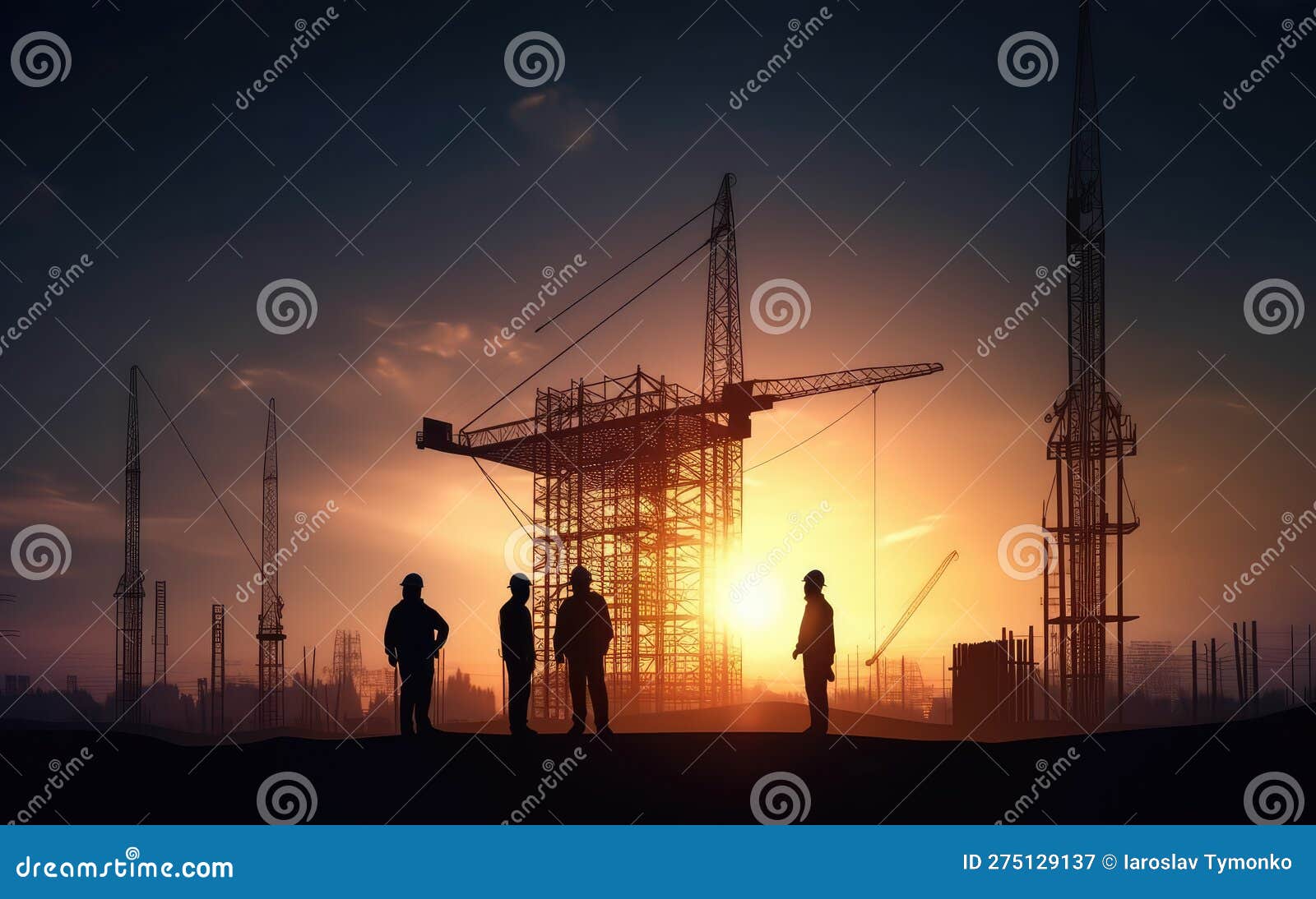 Silhouette of Builders at a Construction Site at Sunset, Engineers Work ...