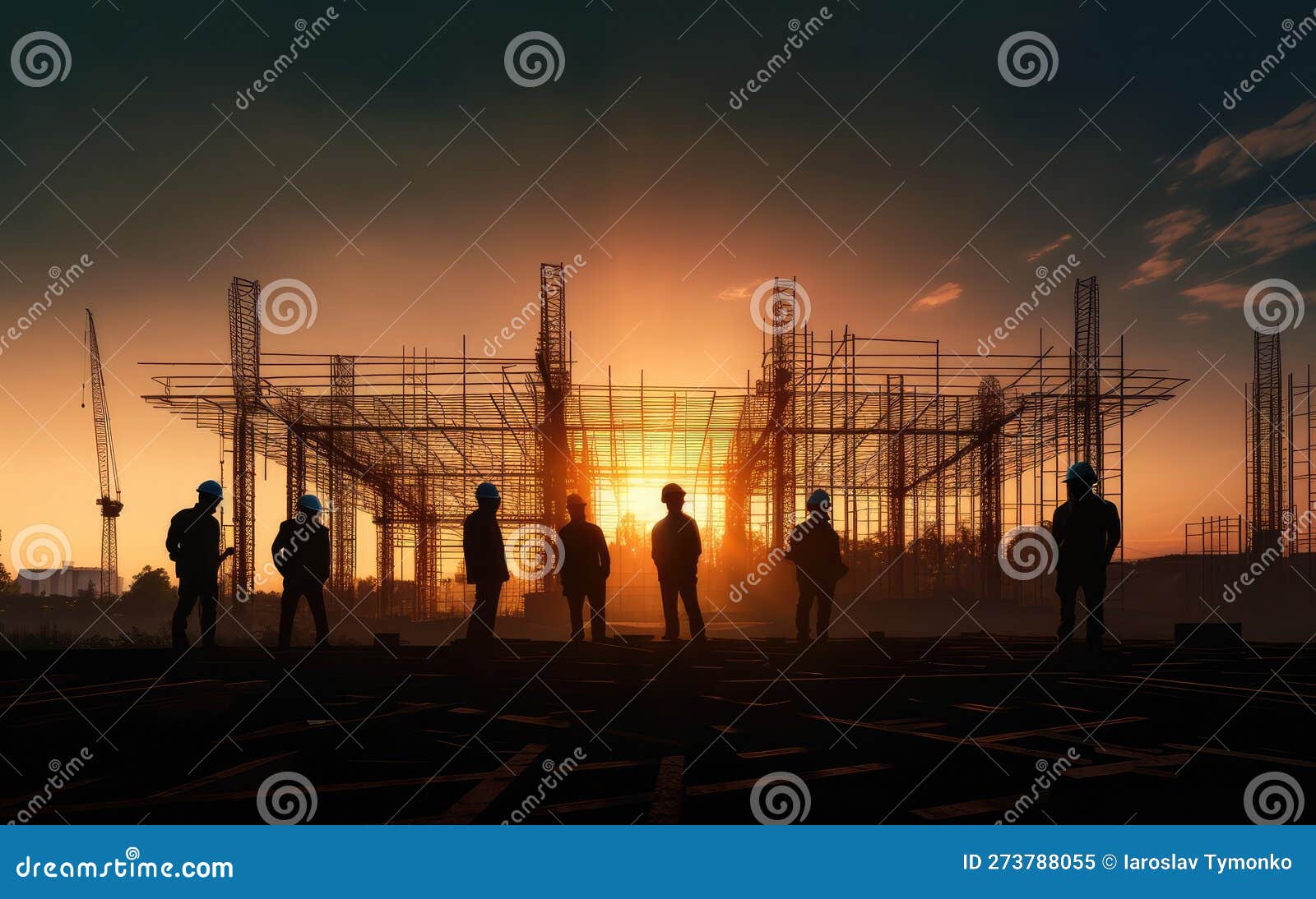 Silhouette of Builders at a Construction Site at Sunset, Engineers Work ... Silhouette of Builders at a Construction Site at Sunset, Engineers Work ...
