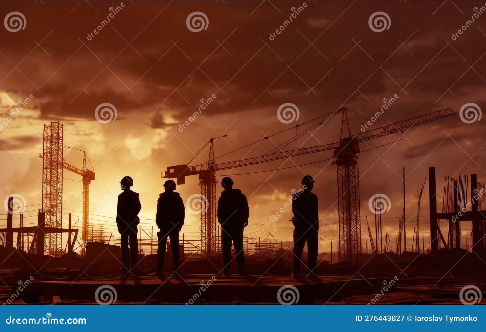 Silhouette of Builders at a Construction Site at Sunset, Engineers Work ... Silhouette of Builders at a Construction Site at Sunset, Engineers Work ...