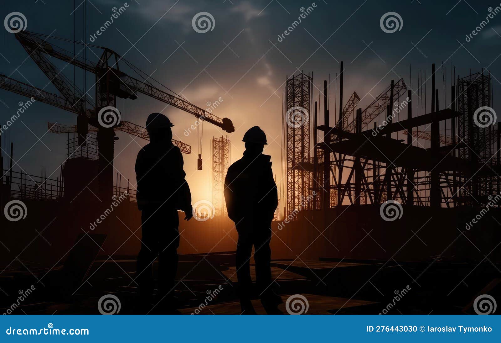 Silhouette of Builders at a Construction Site at Sunset, Engineers Work ... Silhouette of Builders at a Construction Site at Sunset, Engineers Work ...