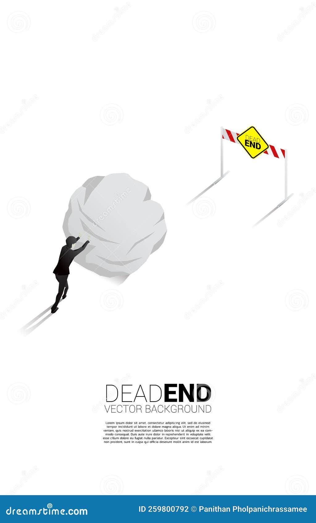Silhouette Of Businessman Pushing The Rock To Dead End Signage Stock Illustration