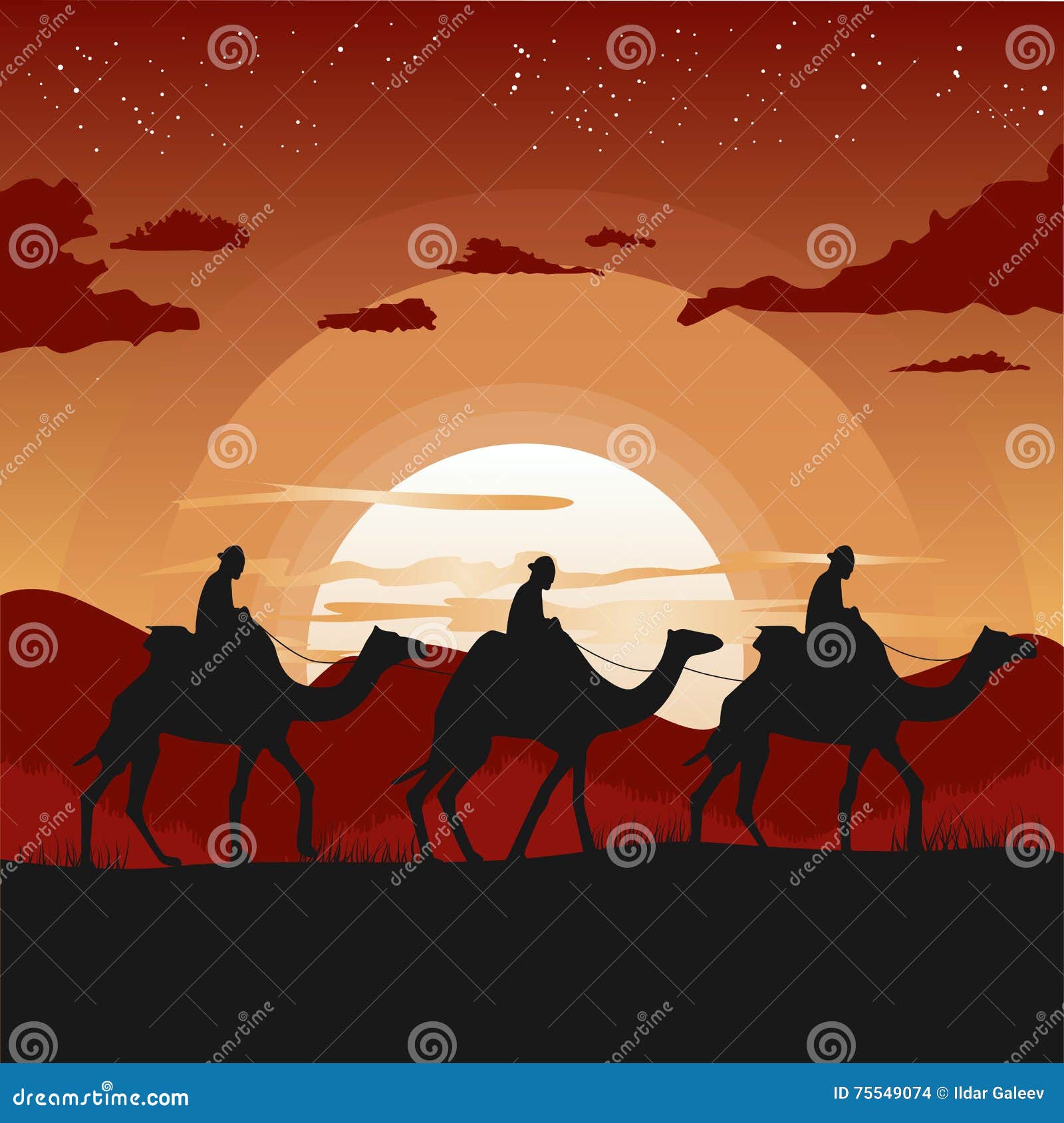 Silhouette of Camel Caravan Traveling in Desert at Sunset Stock Vector - Illustration of ...