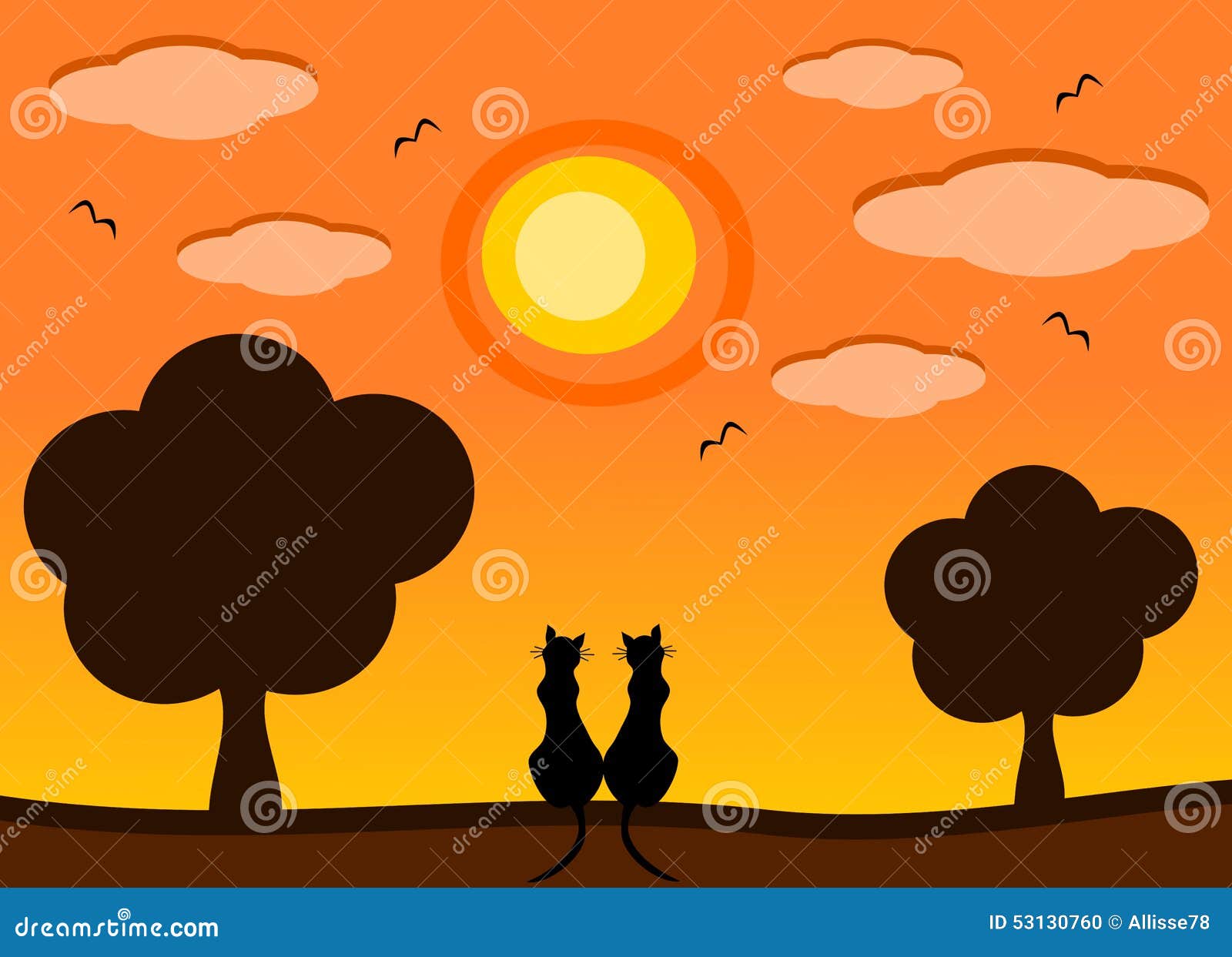 Silhouette Cat in the Sunset Romantic Cartoon Illustration Stock ...