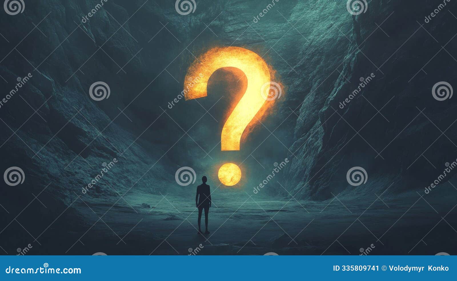 Silhouette in Cave with Glowing Question Mark, Mystery Concept Stock ...