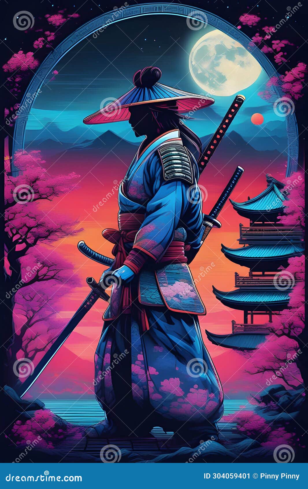 Anime Samurai Girl In Traditional Clothing, Under The Moon, With Cosmic ...