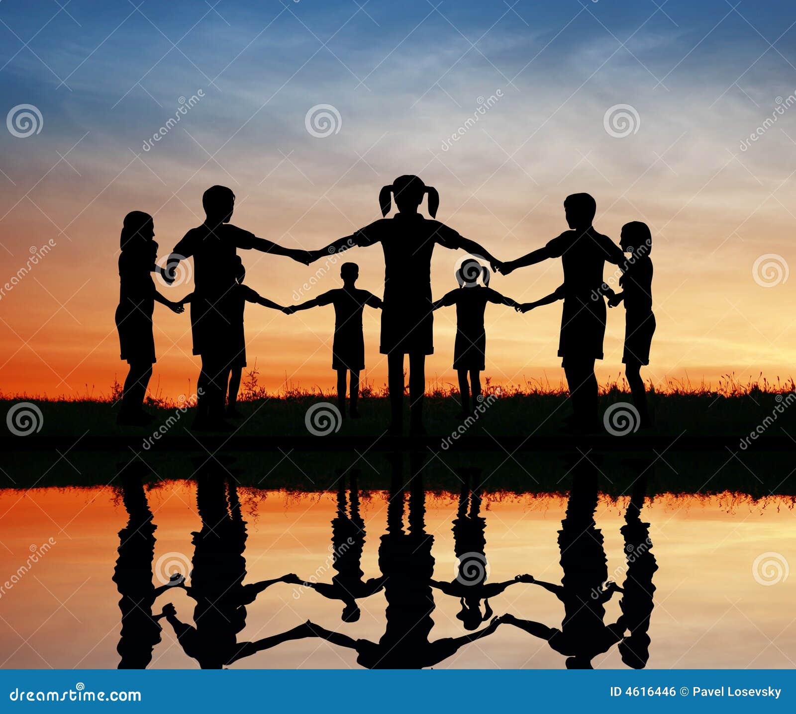Silhouette Children. Sunset Pond. Stock Photo - Image of silhouette ...