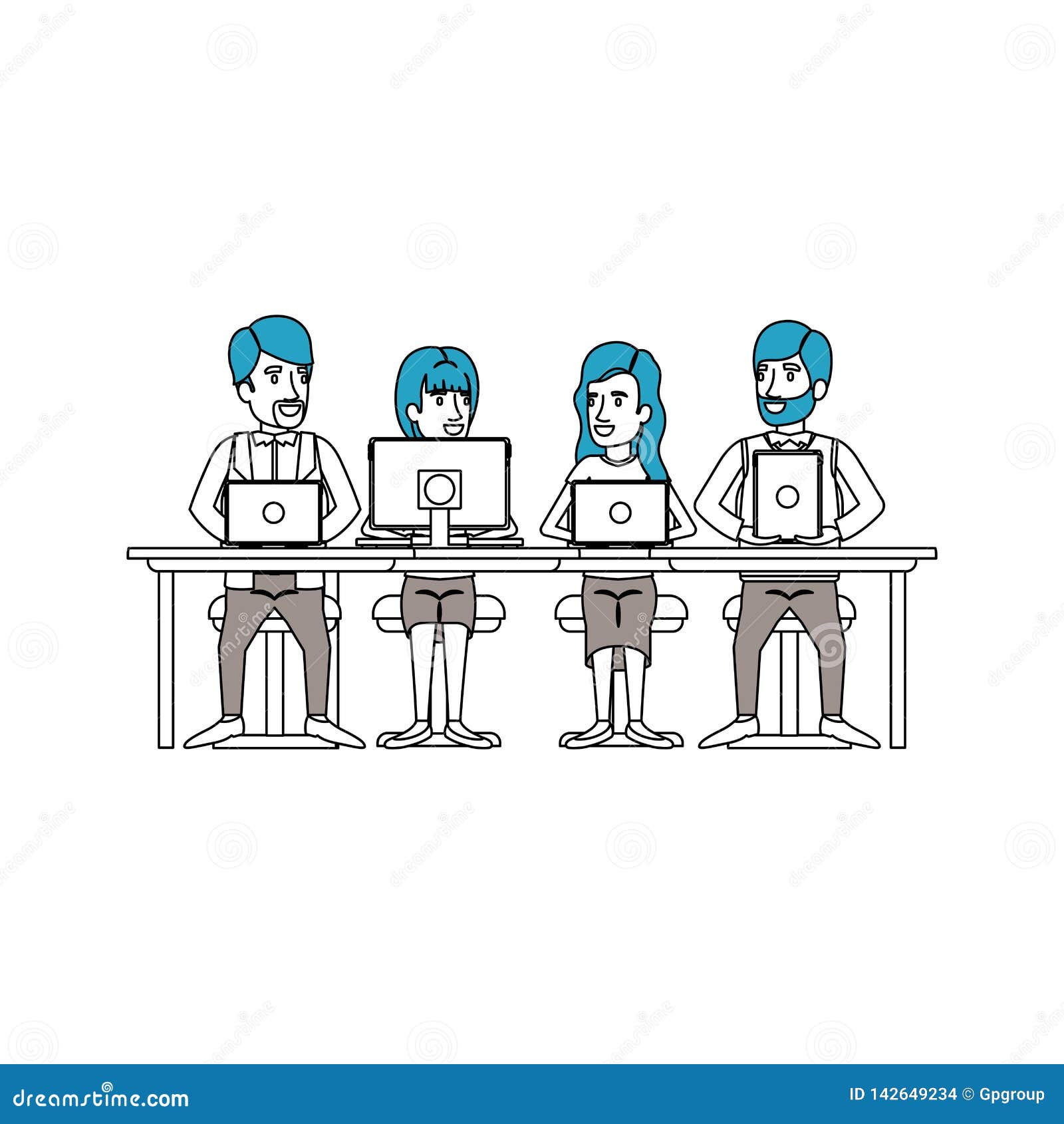 Silhouette Color Sections of Teamwork Sitting in Desk with Tech Devices ...