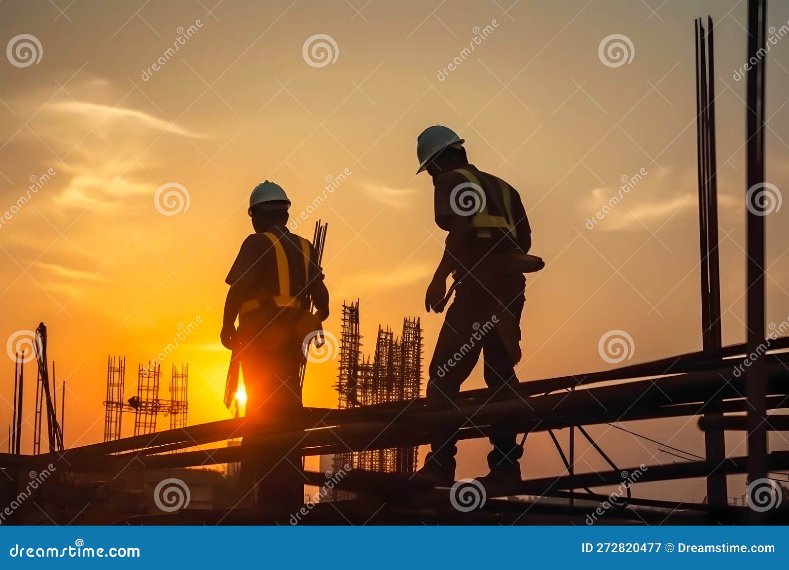 Silhouette of Construction Engineer and Workers at Sunset. Generative ...