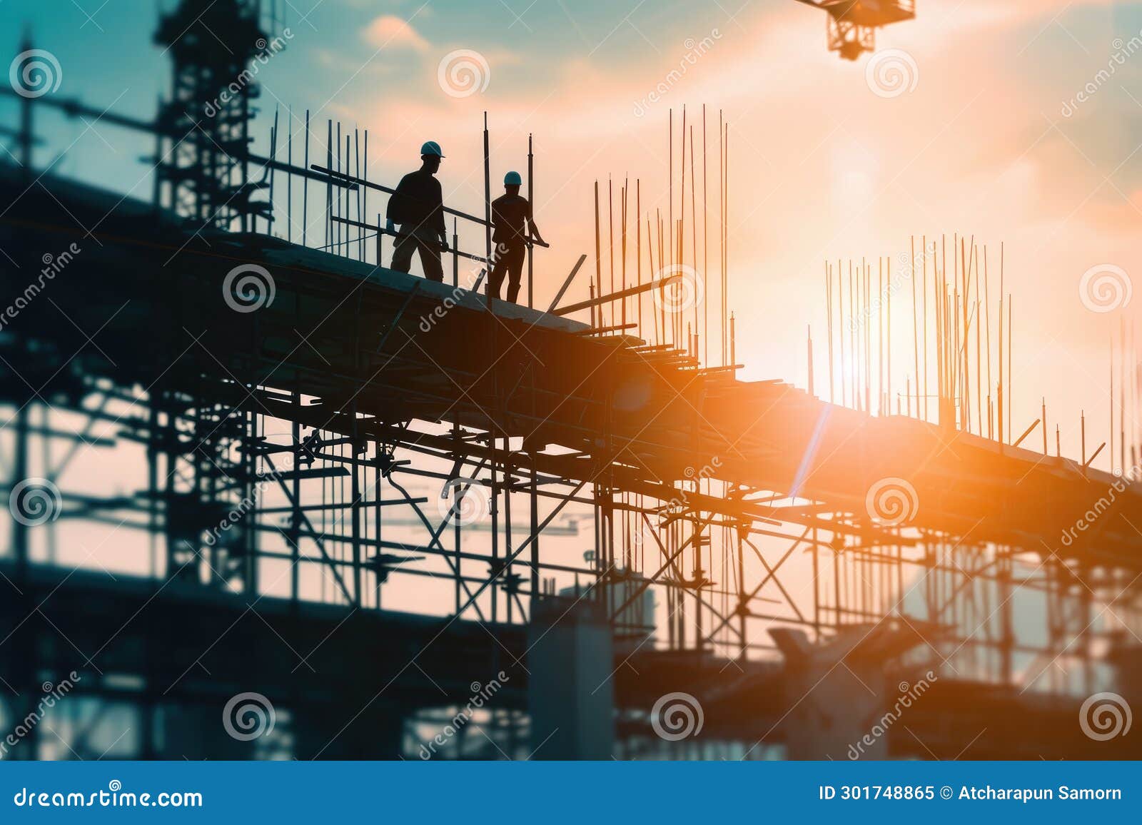 Silhouette of Construction Workers on the Construction Site at Sunset ...