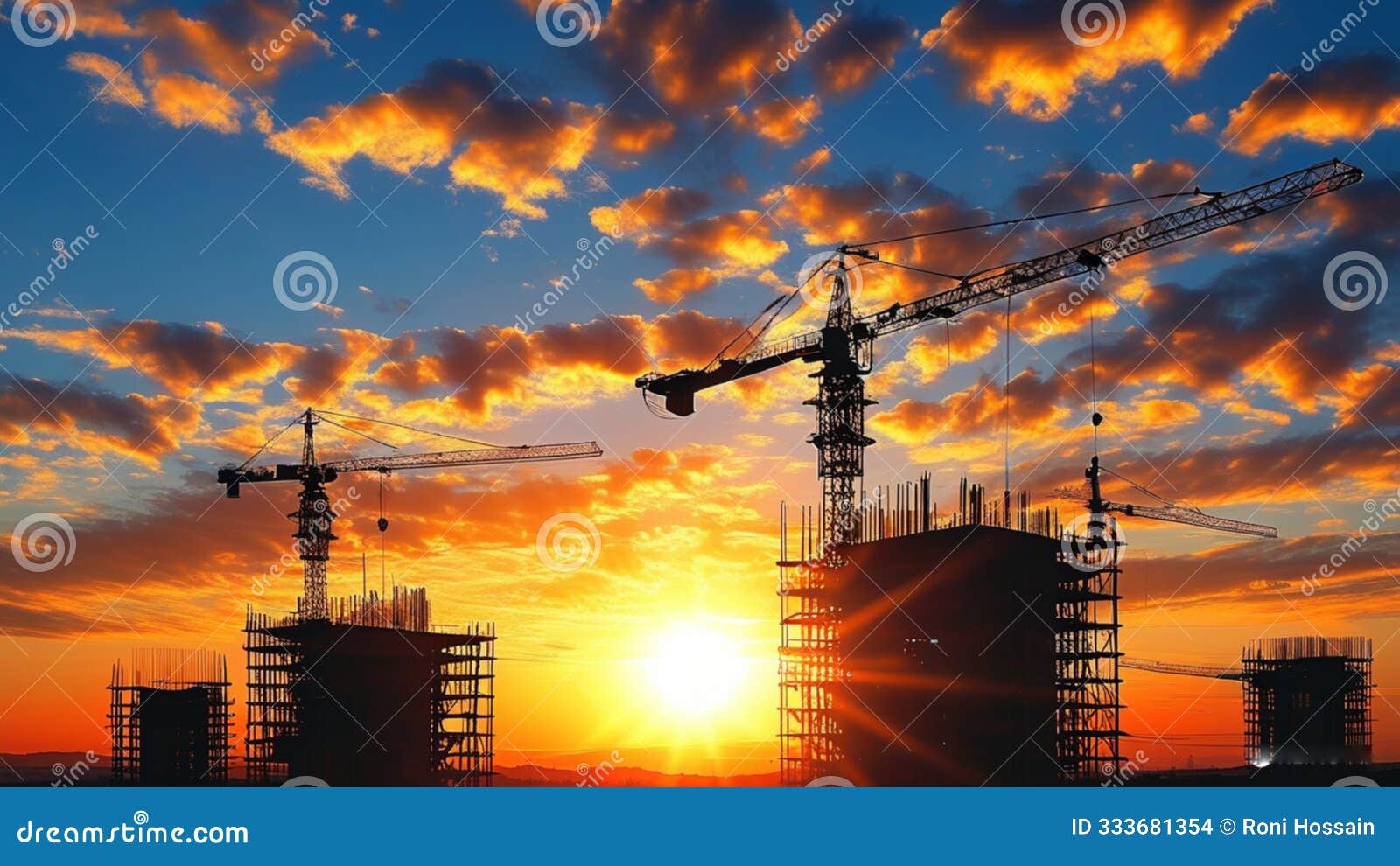 Construction Project Silhouette Against Sunset Sky with Big Sun. Stock ...