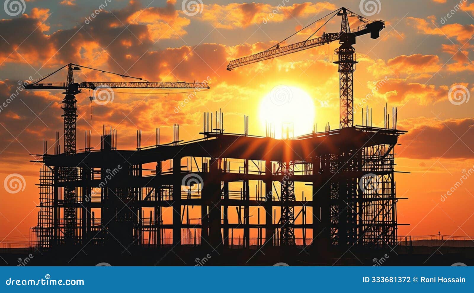 Construction Project Silhouette Against Sunset Sky with Big Sun. Stock ...