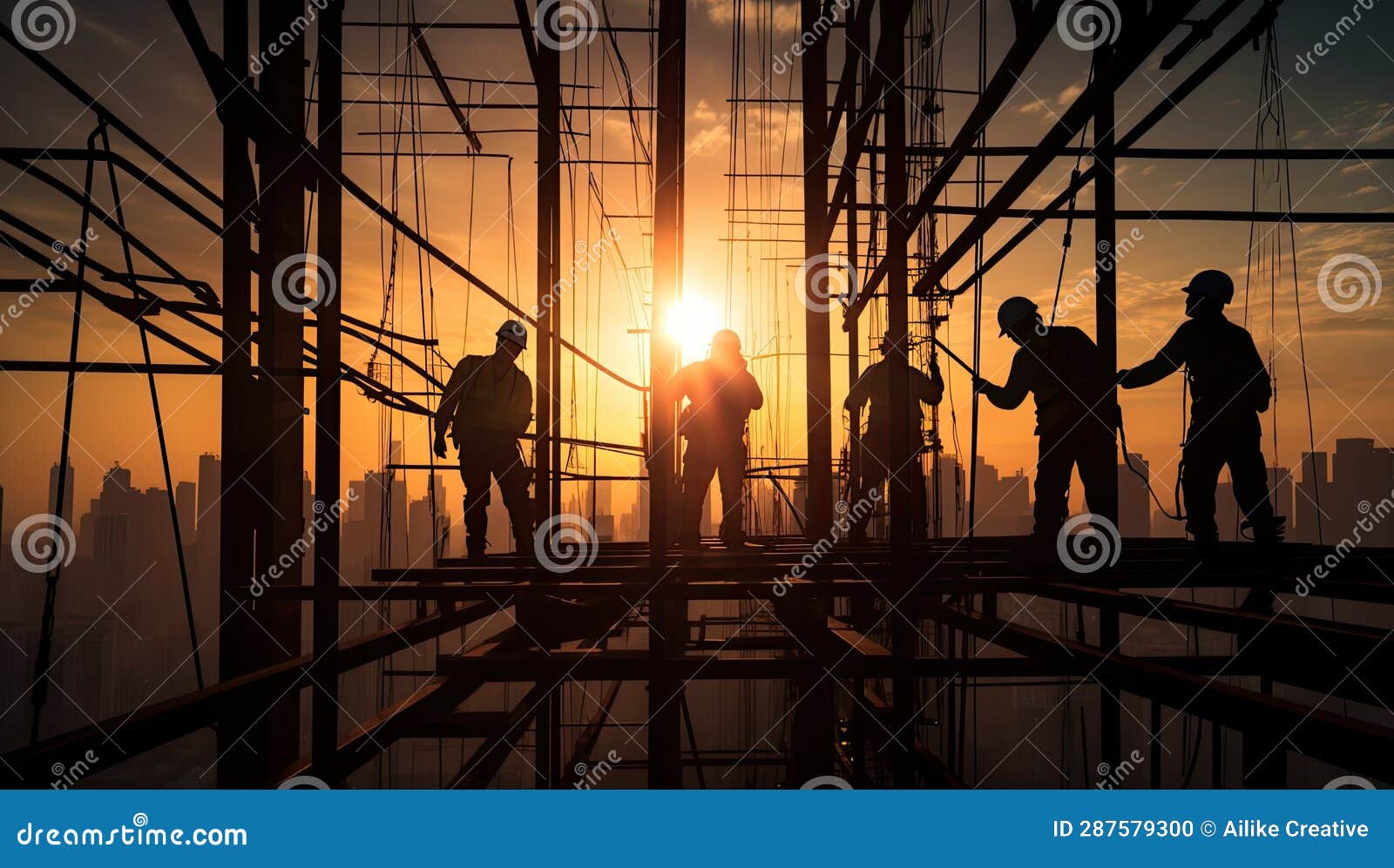 Silhouette of Construction Workers Working on Scaffolding at Sunset ...