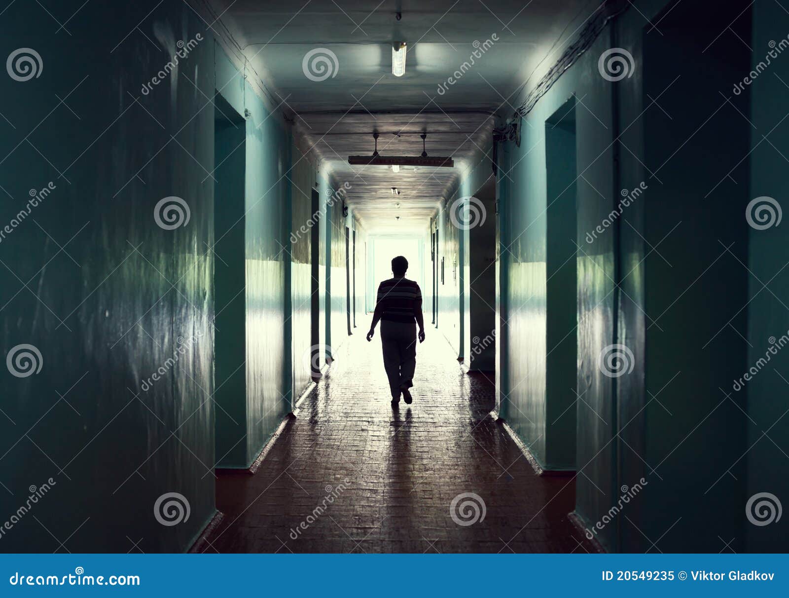Dark Corridor With Cabinet Doors And Lights With Silhouette Of Spooky ...